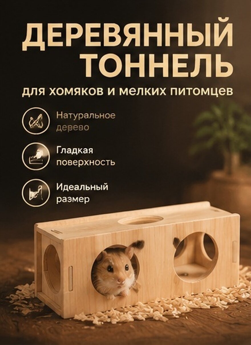 Домик Из Натурального Дерева Для Хомячков И Грызунов С Тоннелем 20x8Cm