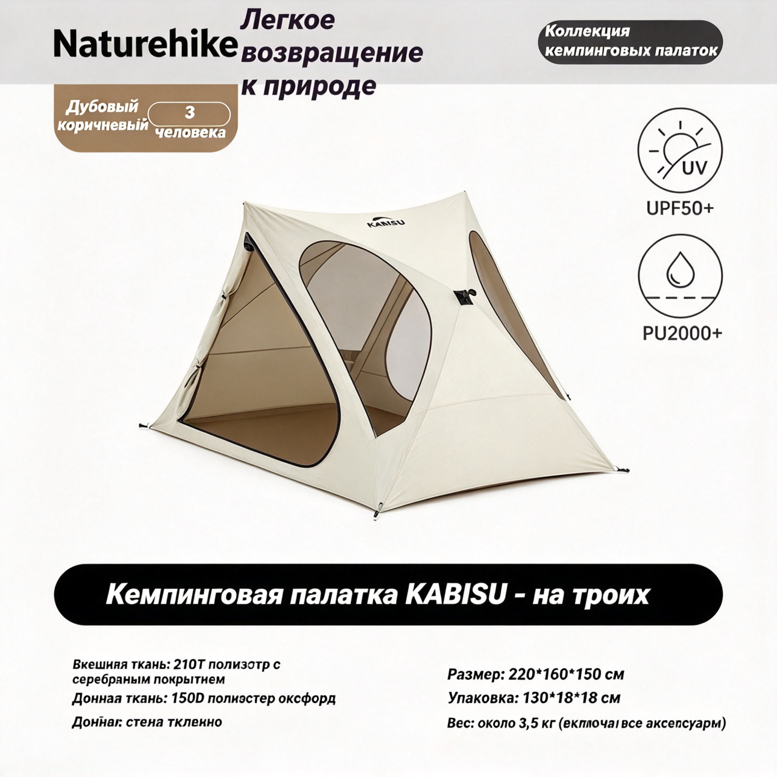 Naturehike Открытая палатка Kabi speed с панорамным окном в крыше, вентиляцией и проветриванием CNK2650WS020