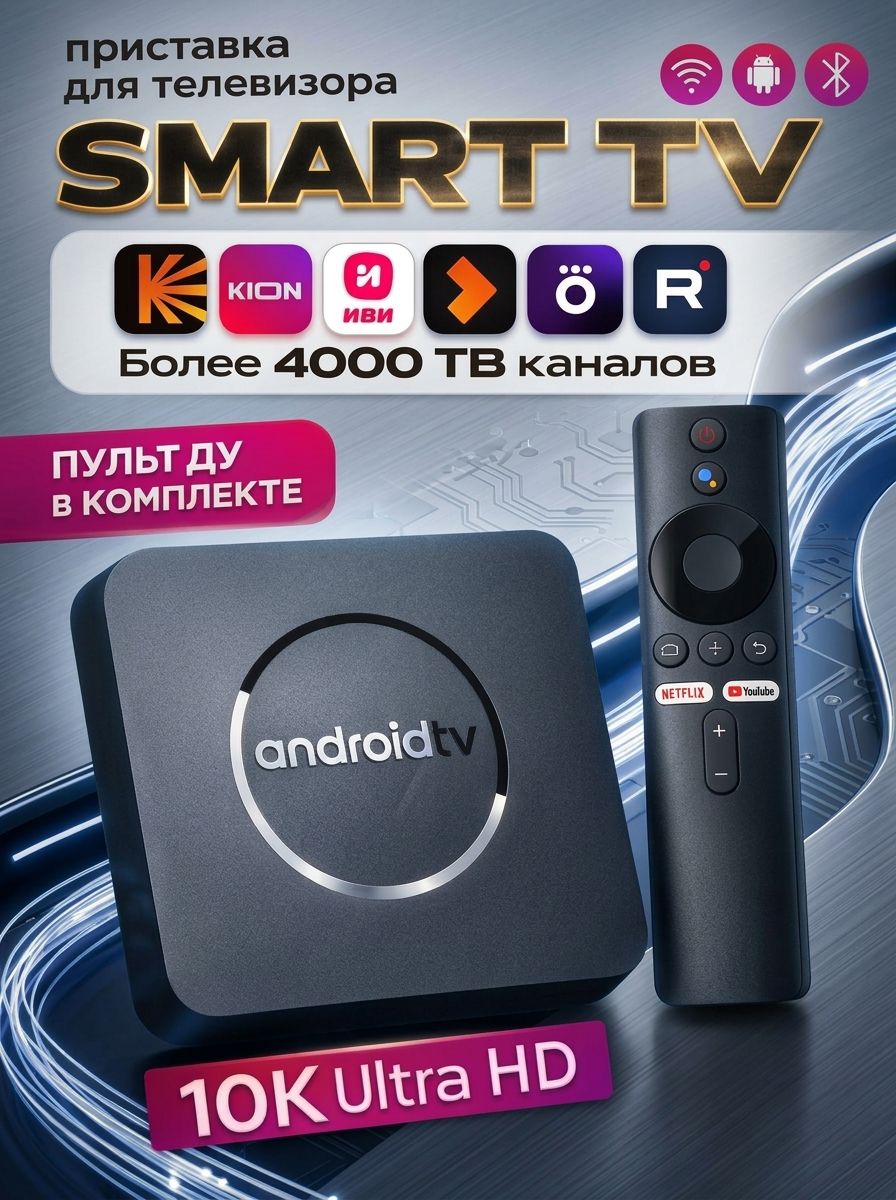ТВ-приставка Смарт ТВ медиаплеер на Android, 10K Ultra HD, Wi-Fi 5G, Bluetooth