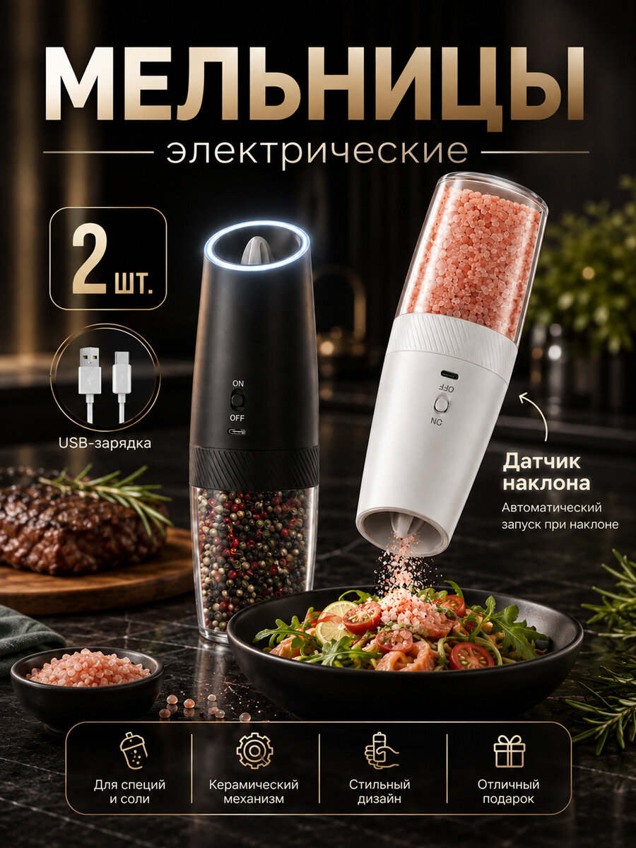 Электрическая мельница для специй, солонка и перечница набор, С подсветкой и зарядкой через USB