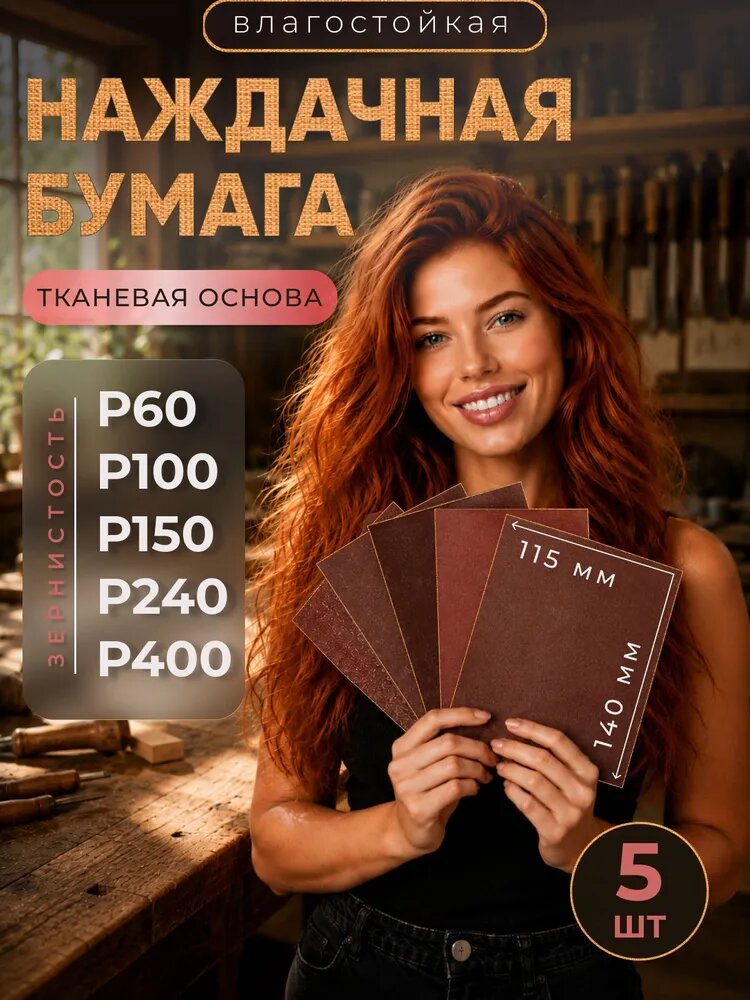 Наждачная бумага набор 115х140 Р60 P100 Р150 Р240 Р400 Шкурка шлифовальная , на тканевой основе, Водостойкая KK19FW БАЗ 5 шт.