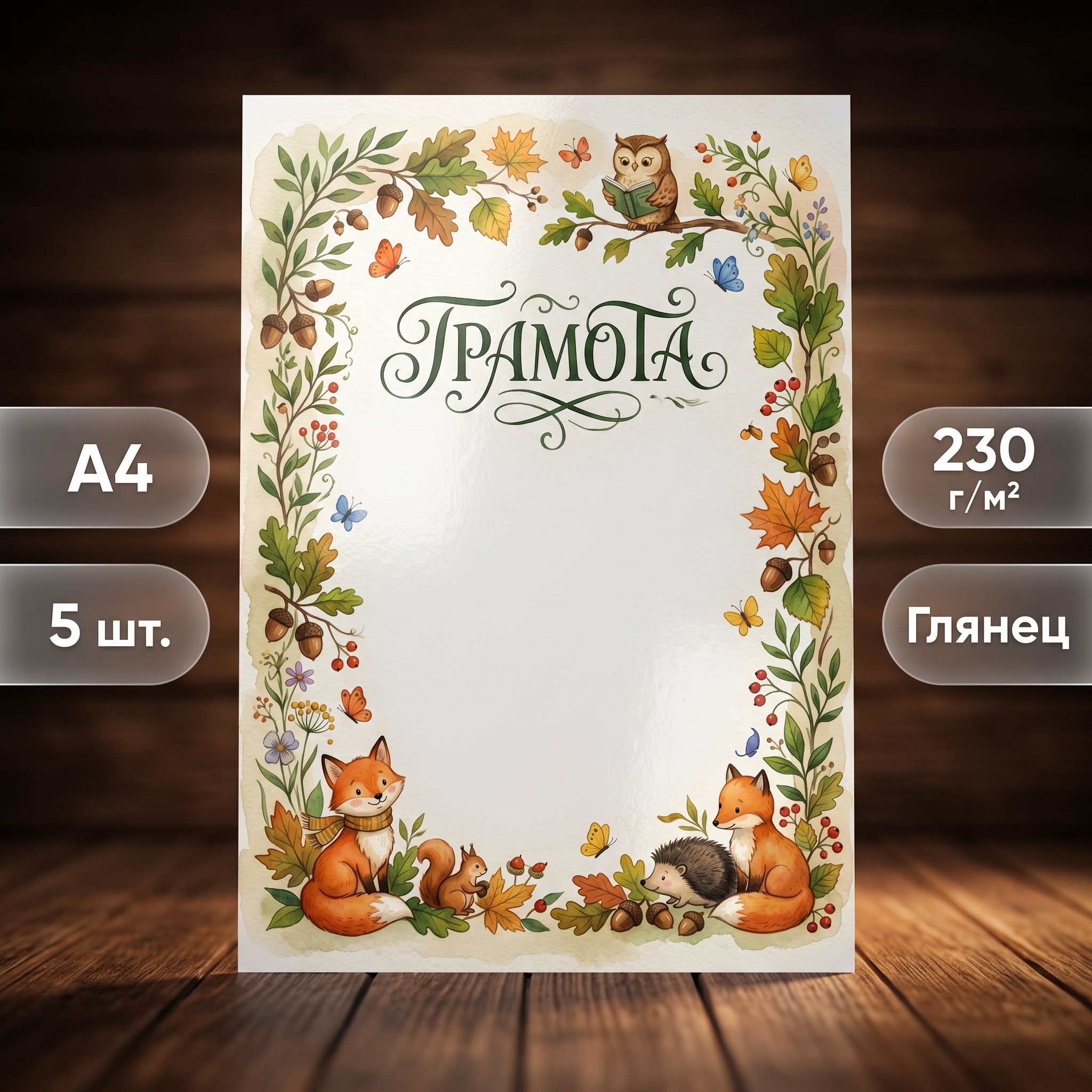 Детская грамота Лесные друзья А4 (Набор 5 шт.), 230 г/м, А4, глянец. Акварельный наградной бланк для детей