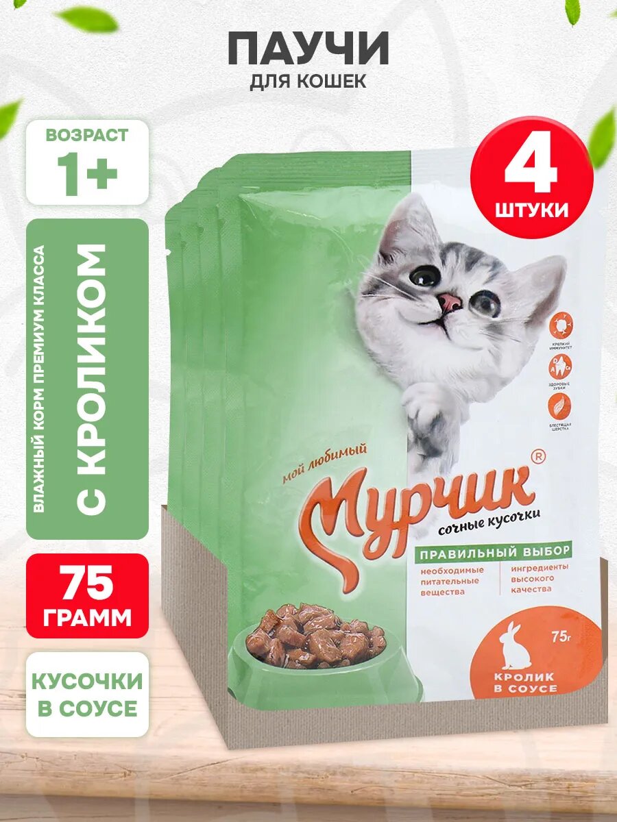 Корм влажный Мурчик для взрослых кошек, кролик в соусе, 75 г 4 шт