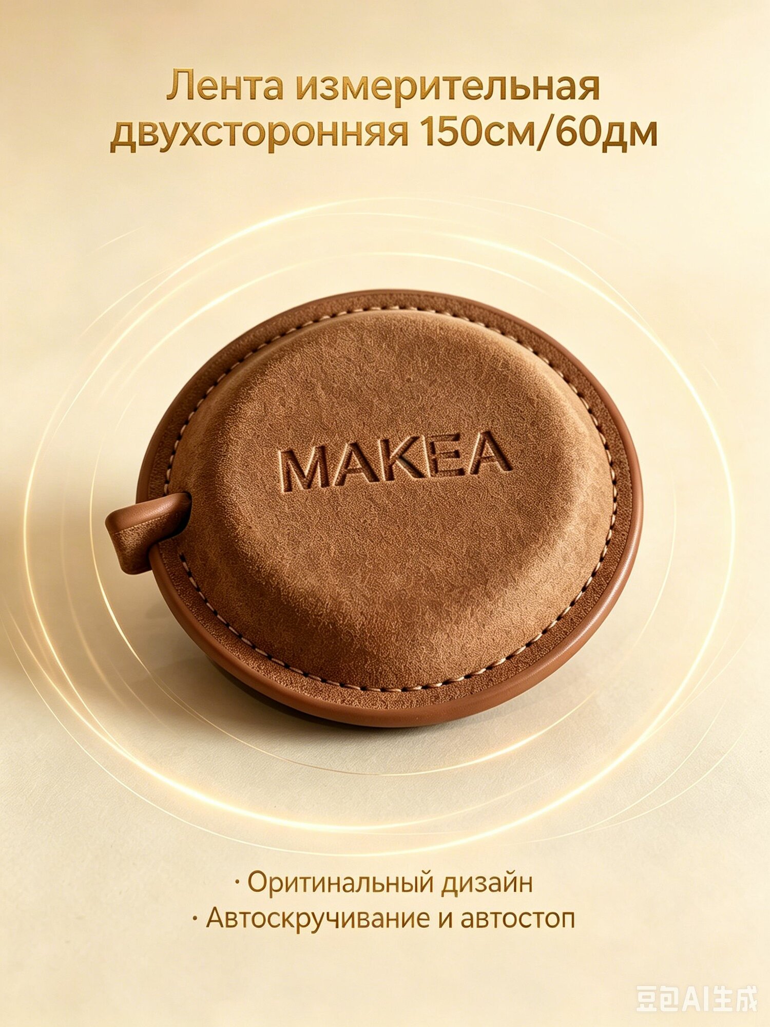 Лента измерительная двусторонняя 150см/60дм MAKEA, портновский сантиметр в чехле из экокожи, коричневый, автоскручивание и автостоп, универсальный инструмент