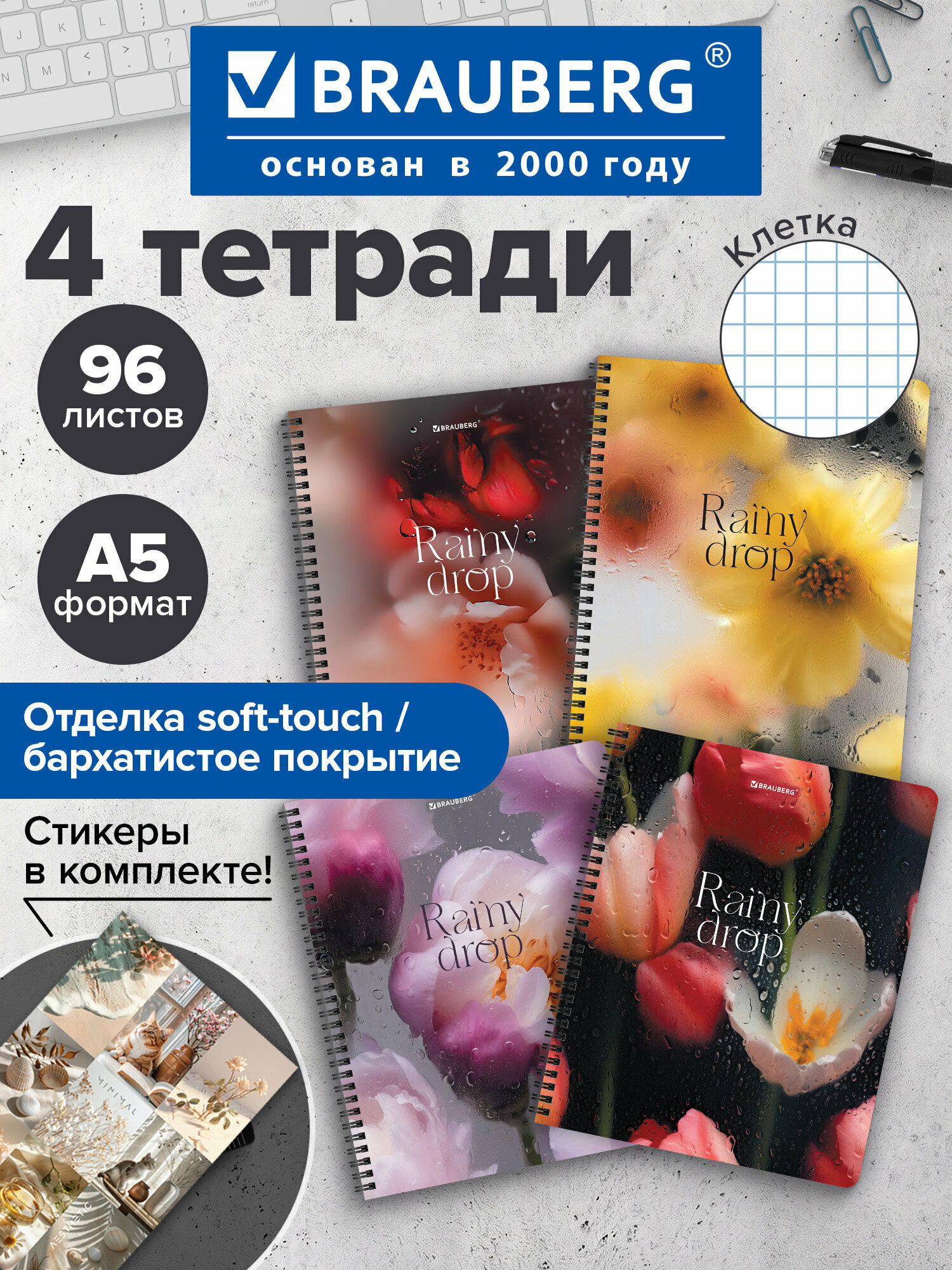 Тетрадь в клетку 96 листов А5 общая для записей на пружине в школу и офис, набор 4 штуки, Brauberg, 405583