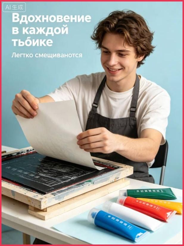 Набор типографской краски для линогравюры 5 цвета по 20мл (черный, синий , красный, желтый, белый)