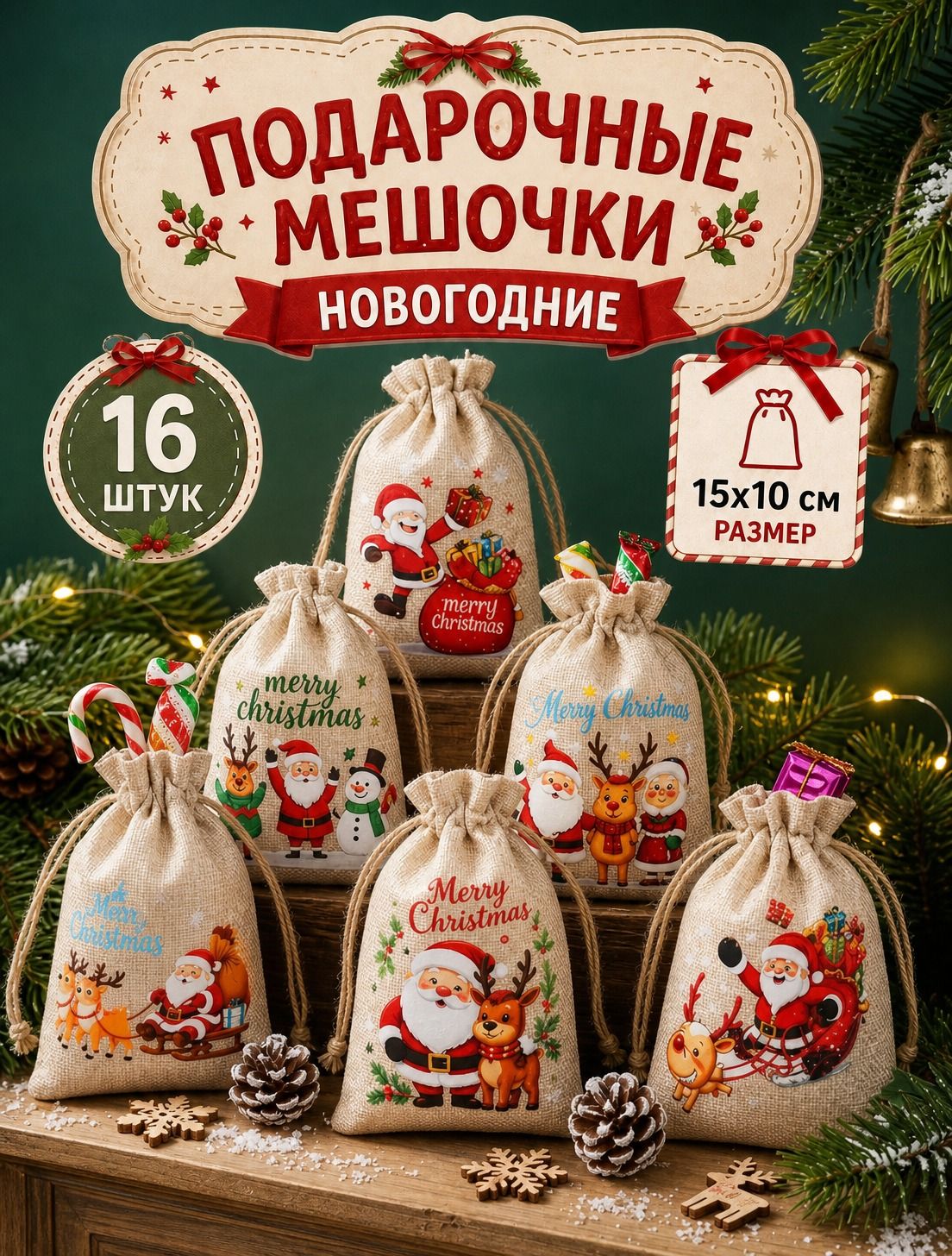Тканевые мешочки для хранения, для рождественских подарков, льняные подарочные мешочки 15*10 см, 16 шт.