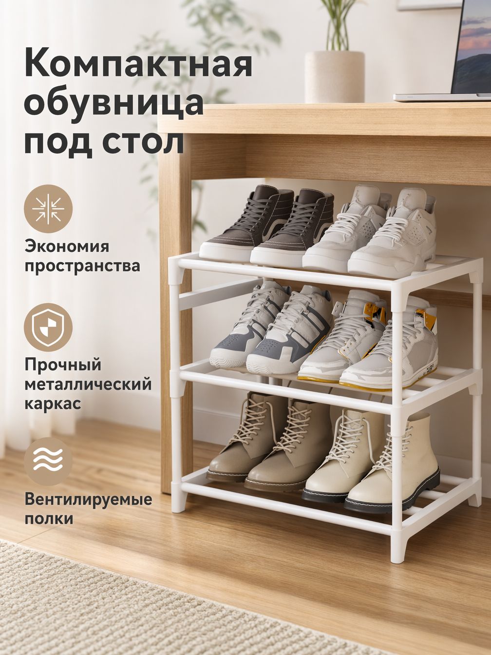 Металлическая обувница под стол, 3 яруса, 45 см, белый цвет устойчивая полка для маленькой комнаты