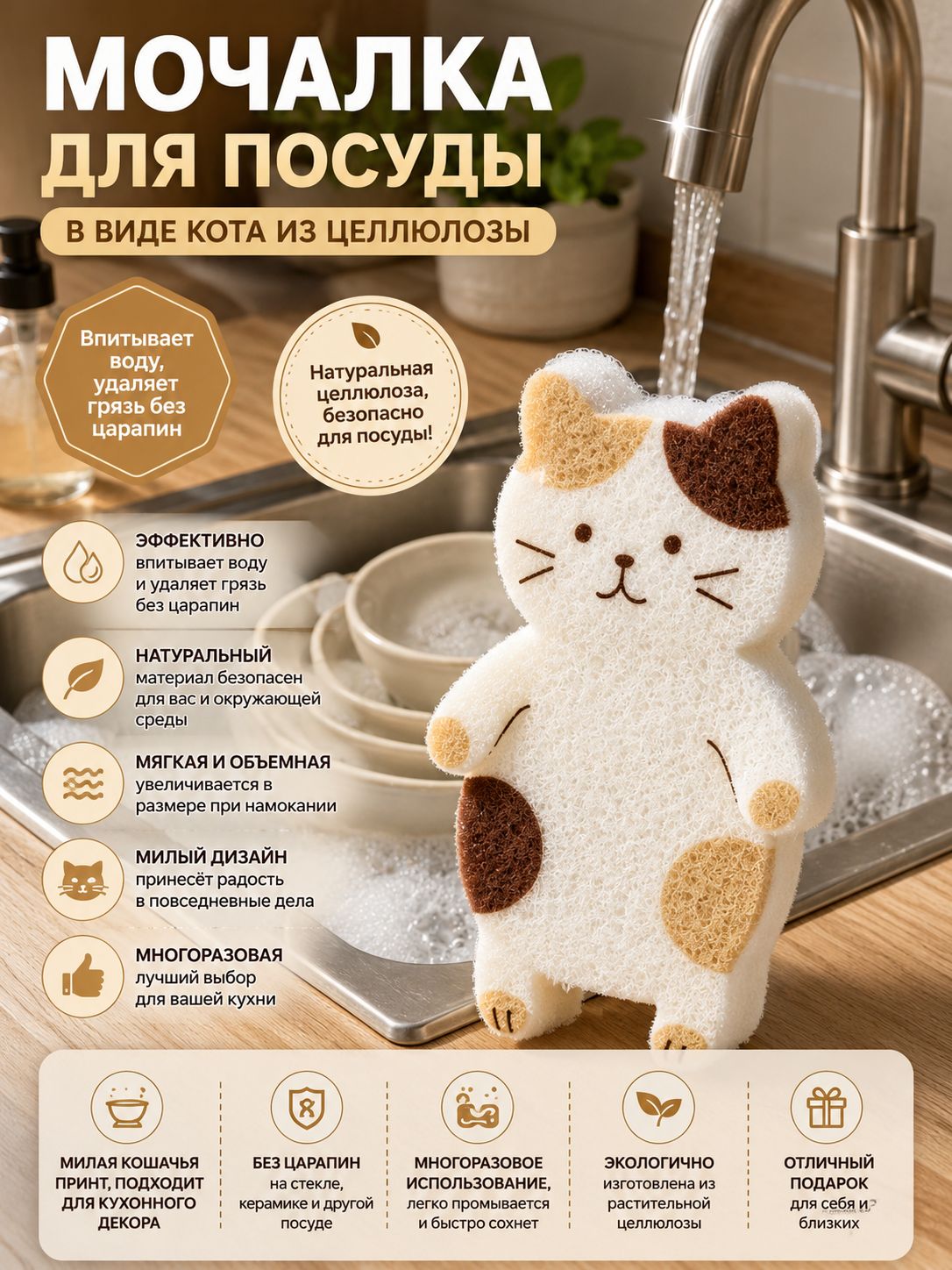 Губка, древесная пульпа, 1 шт.