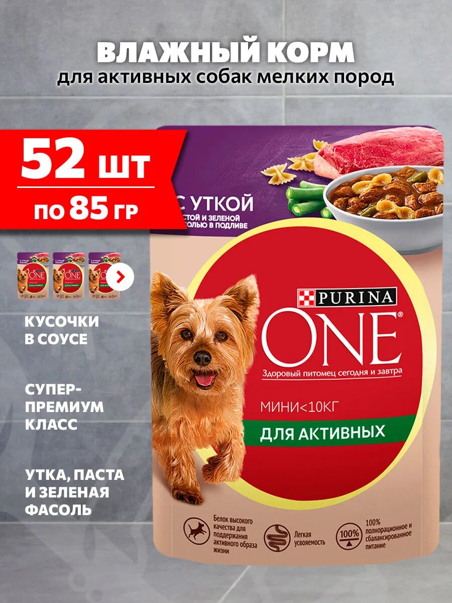 Корм влажный Purina One Мини для взрослых активных собак мелких пород, утка, паста, зеленая фасоль в подливе, 85 г 52 шт