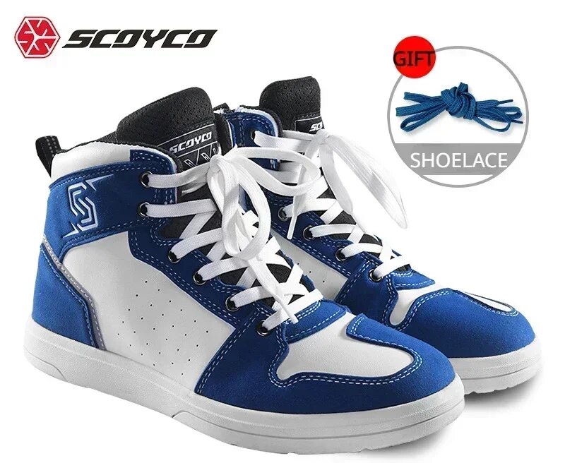 Мужские мотоциклетные ботинки SCOYCO — кожа из воловьей кожи и микрофибры, дышащая, противоскользящая и износостойкая уличная обувь для верховой езды 45, Синий, 5
