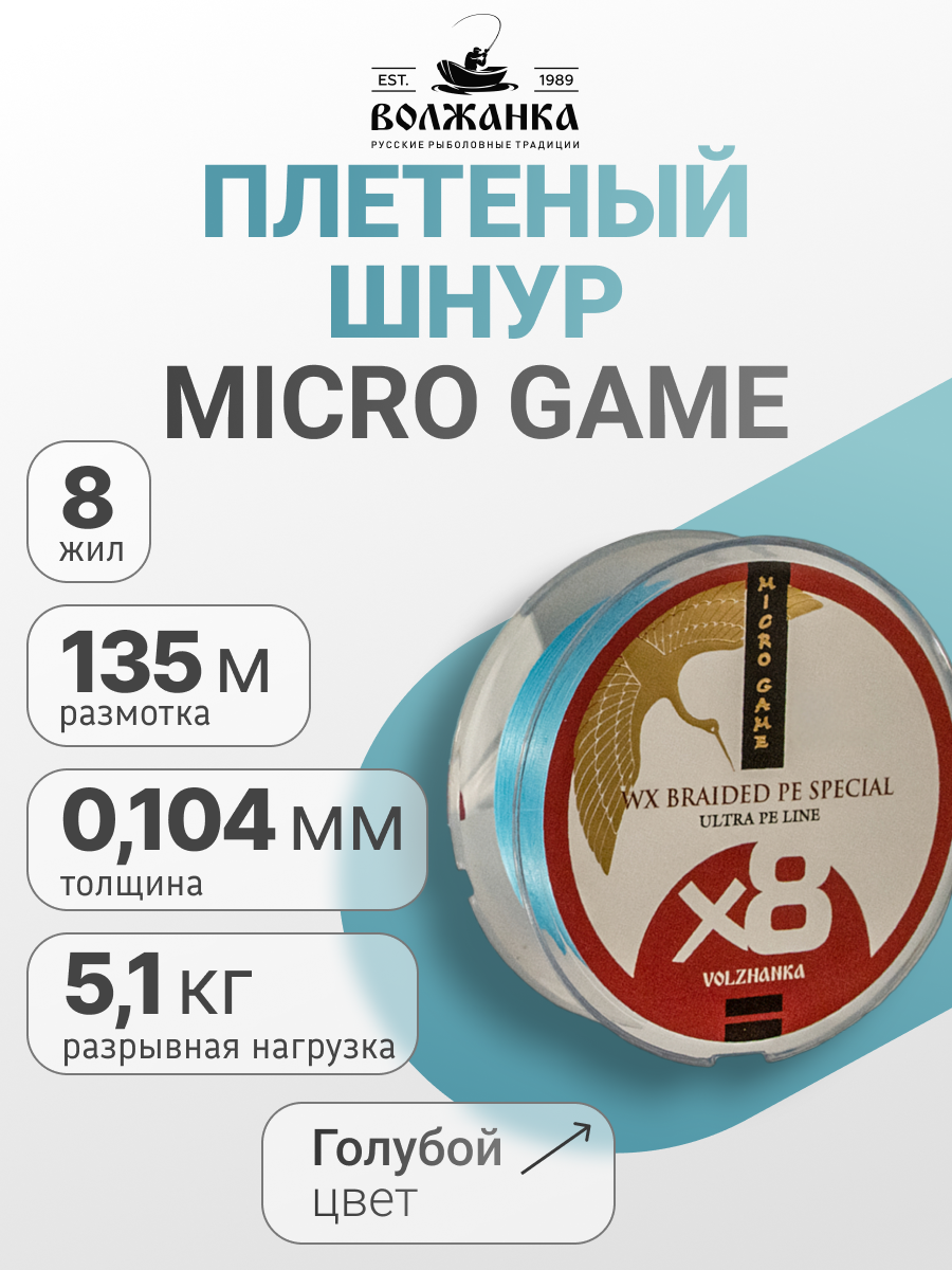 Леска плетеная "Micro Game" 135м/0.104мм 5.1кг (#0.4-11Lb) цв. Голубой