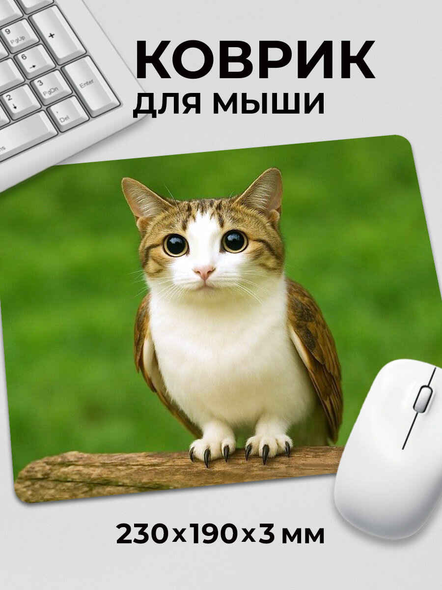 Коврик Meowl "Кот Сова", для мыши, нескользящий, черный, 23x19 см, на нескользящем резиновом основании 230x190x3 мм