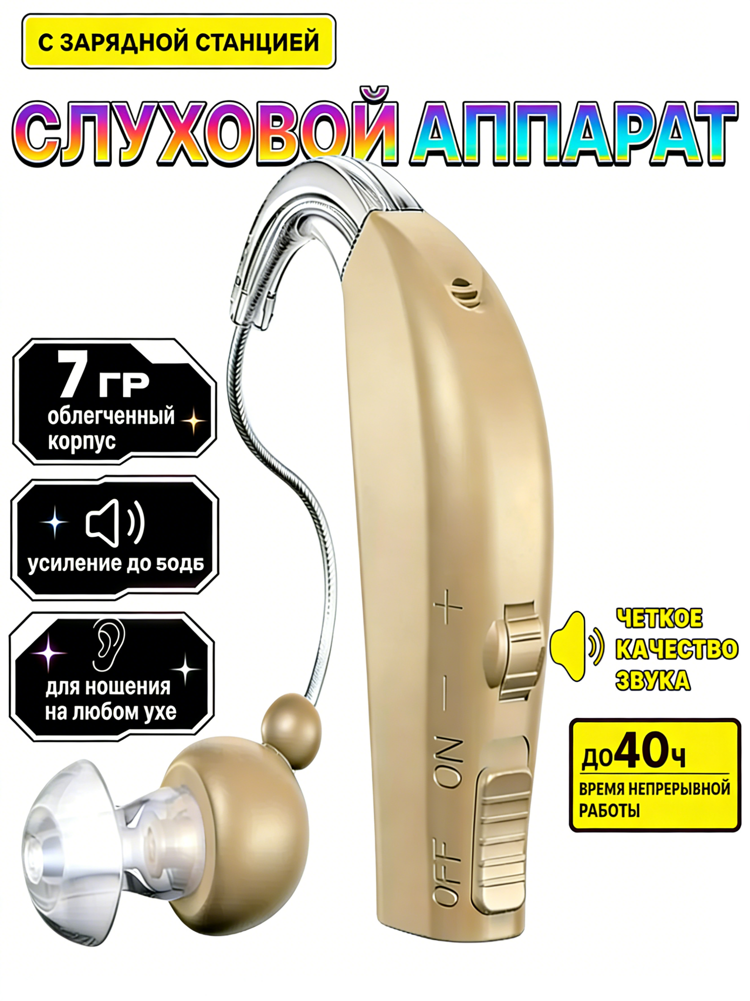 Слуховой аппарат для пожилых с зарядкой и усилителем звука