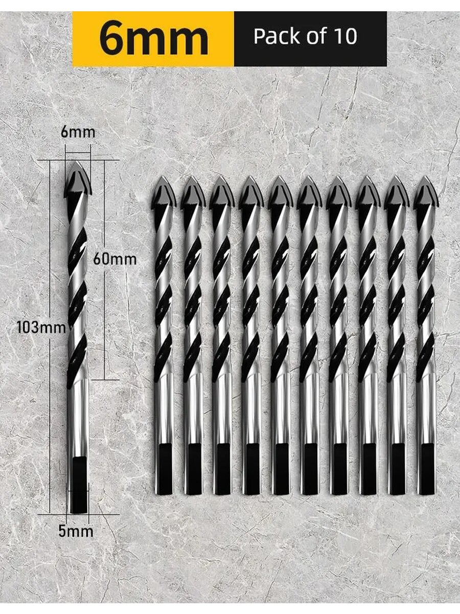 Сверло для плитки 6мм, 10 шт, треугольный хвост