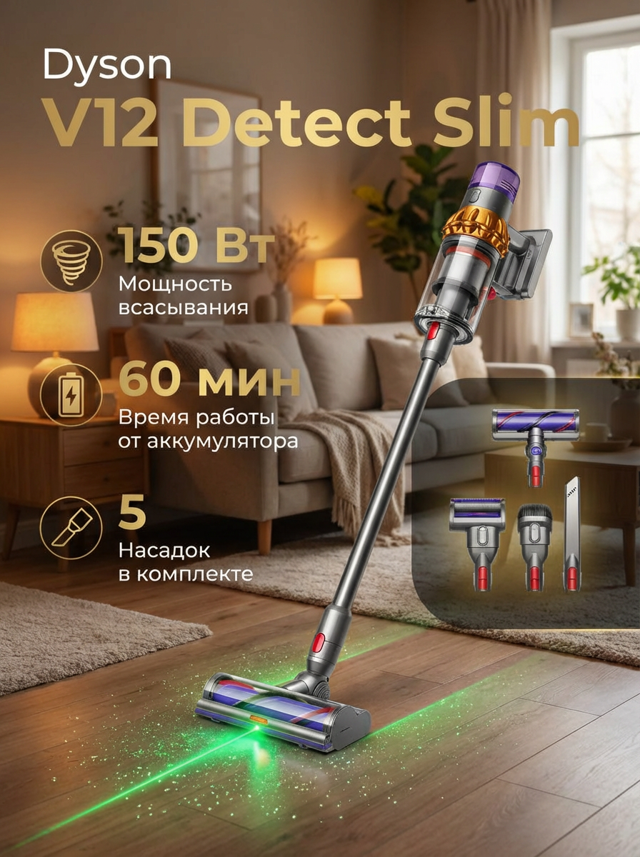 Пылесос Dyson V12 Detect slim absolute (SV46) UK, yellow/nickel