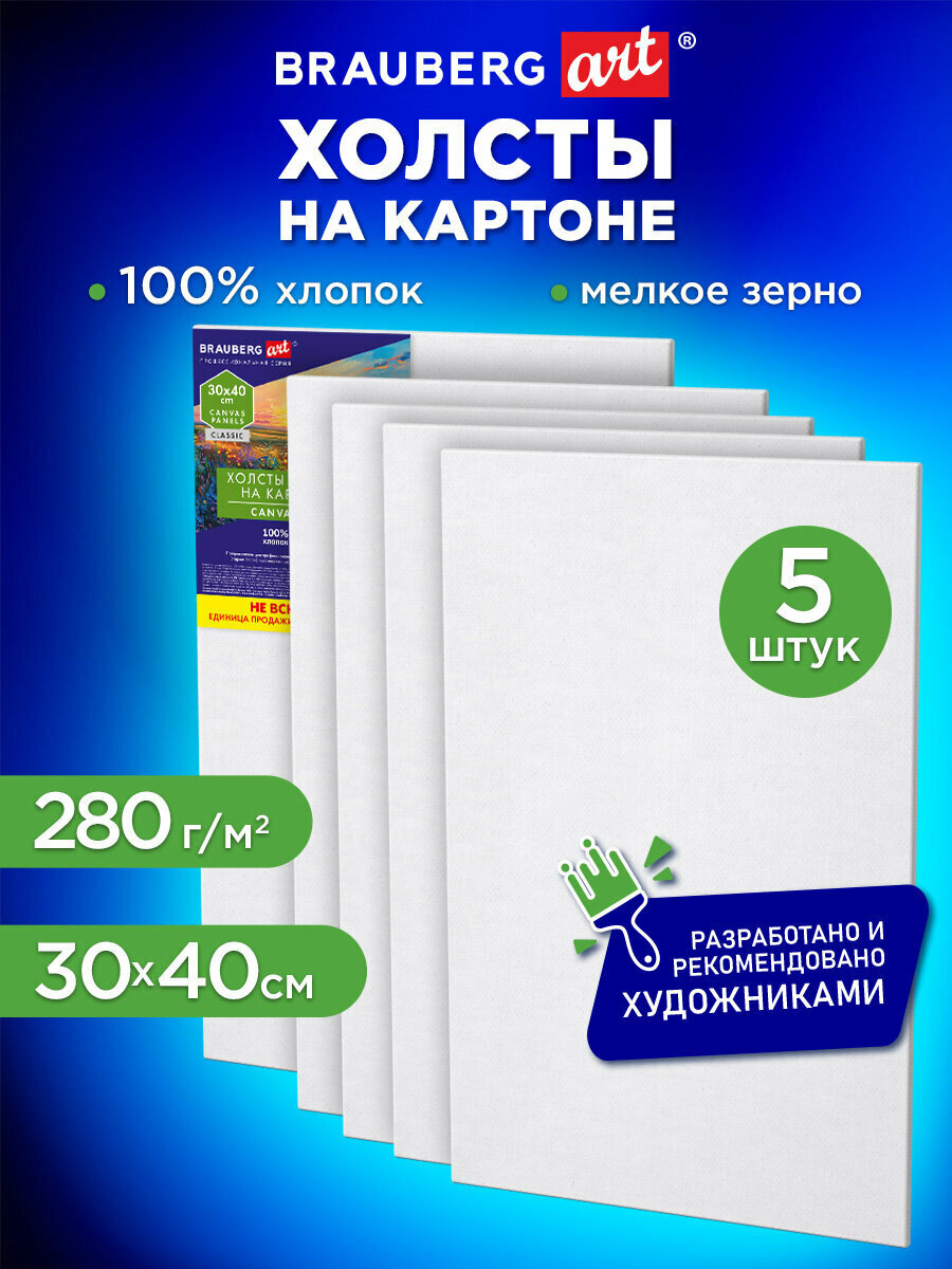 Холст для рисования на картоне маленький 30x40 см набор 5 штук, 280 г/м2, грунт, хлопок, Brauberg Art Classic, 192654