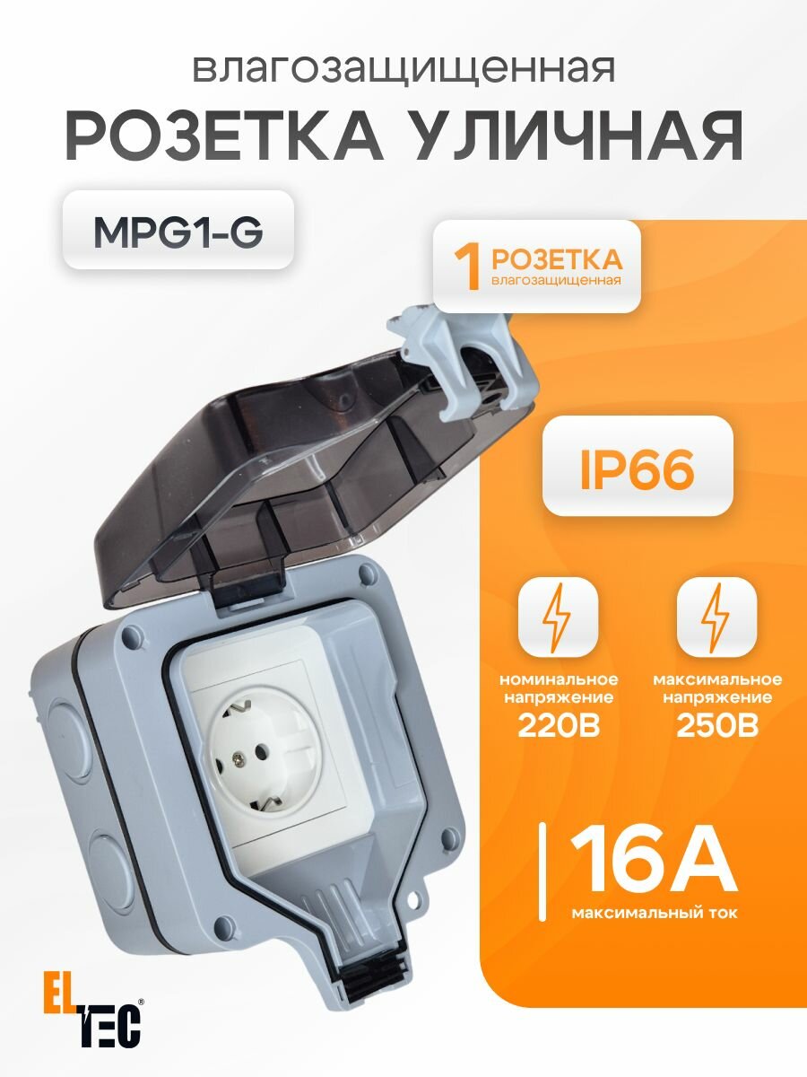 Розетка уличная влагозащищенная, наружная с крышкой MPG1-G