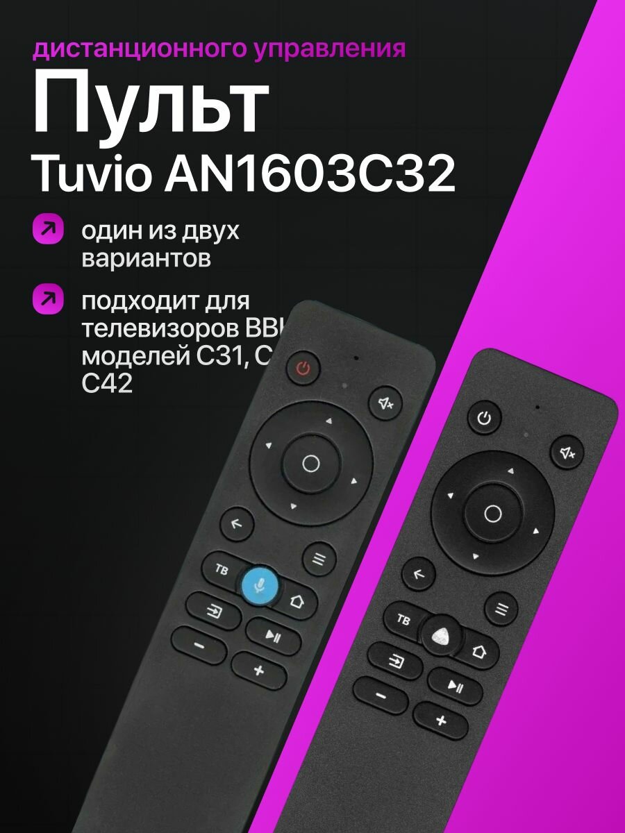 Пульт дистанционного управления Tuvio AN1603C32 с белой и синей кнопкой черный подходит для телевизоров BBK моделей C31, C41, C42
