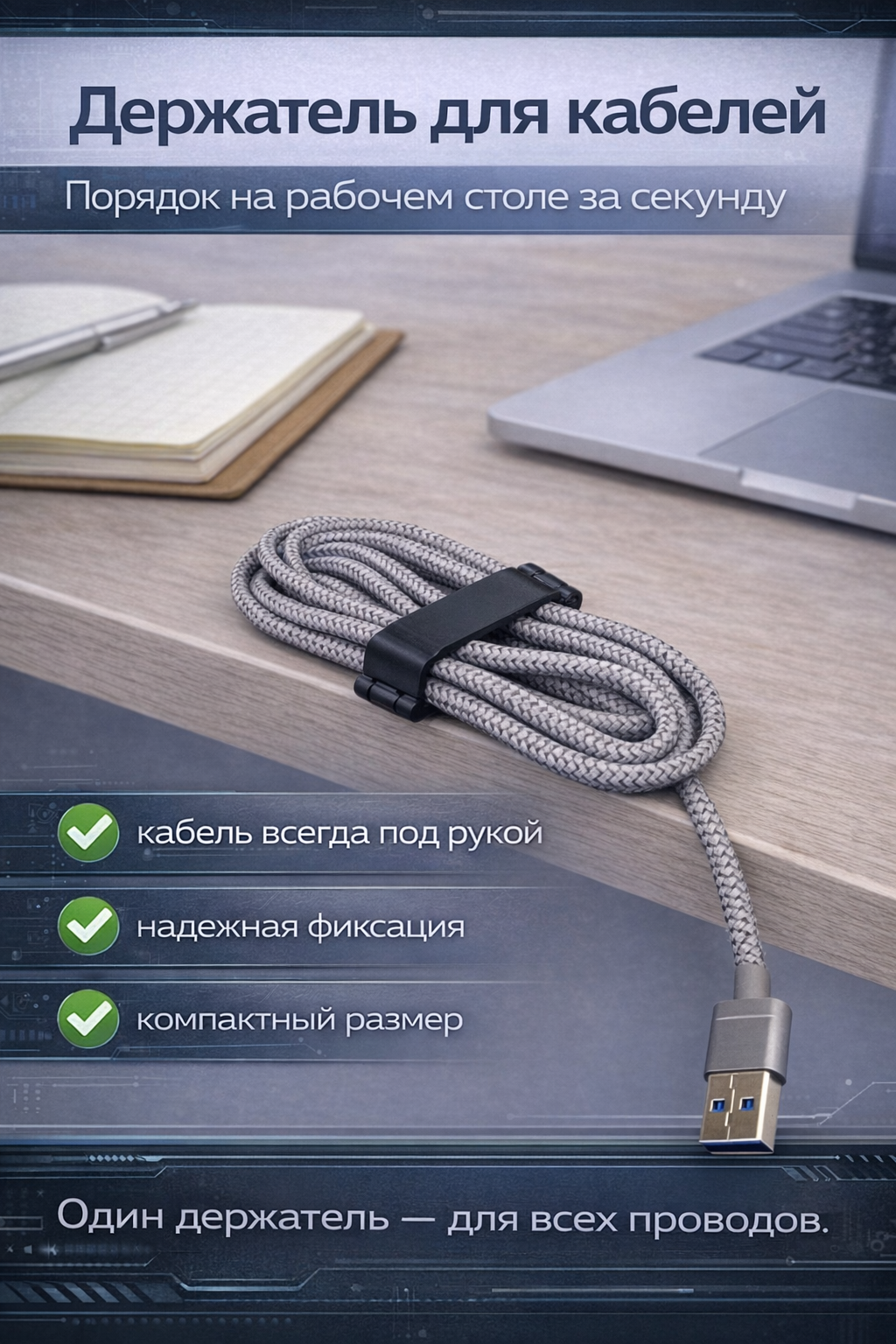 Зажим, держатель для проводов с разделителем в черном цвете, 1 штука