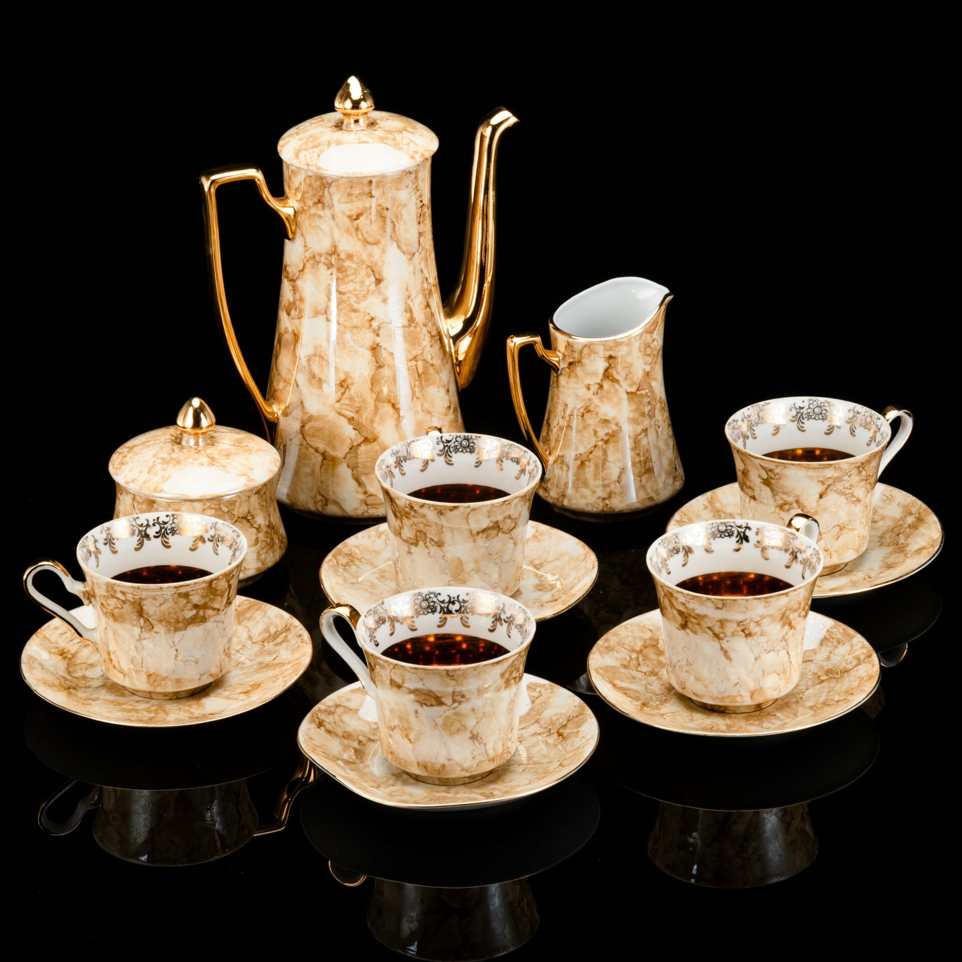 Сервиз чайный с декором в виде разводов в песочно-золотистой гамме на 5 персон (13 предметов)