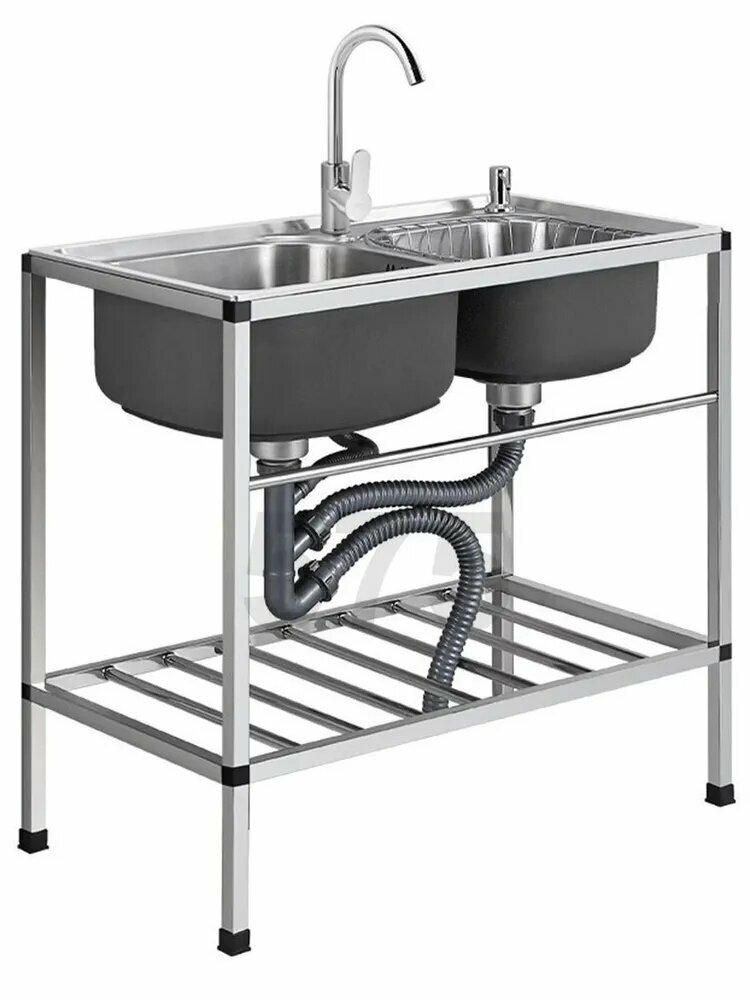 Кухонная мойка, двойная чаша из нержавеющей стали краном для горячей и холодной воды, Высота: 75см