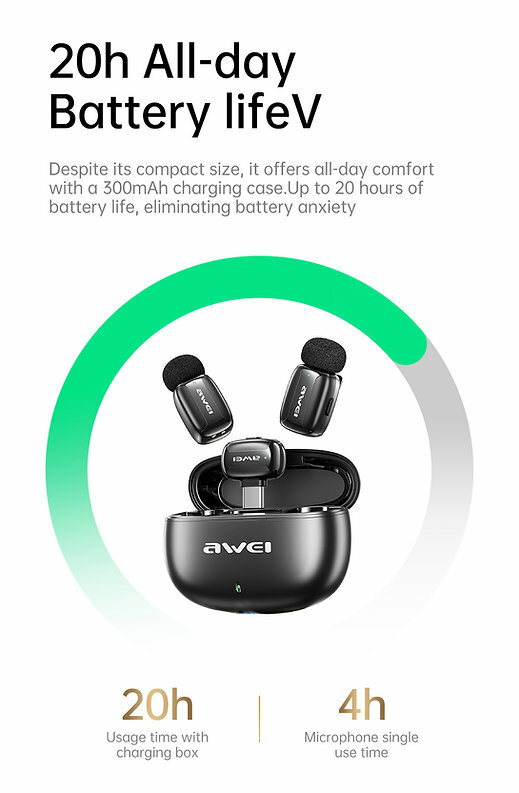 Беспроводной петличный микрофон Awei MK5 Dual Wireless Lavalier Mic, 2-in-1, Type-C, 2.4G, Черный