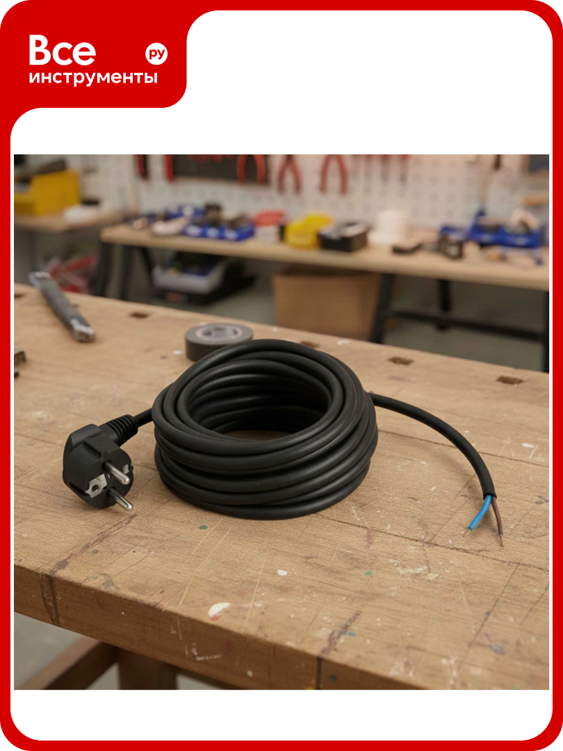 Сетевой кабель PROGIX с евровилкой 10 метров КГ 2x1.5 чёрный PG042, резиновая изоляция, защита