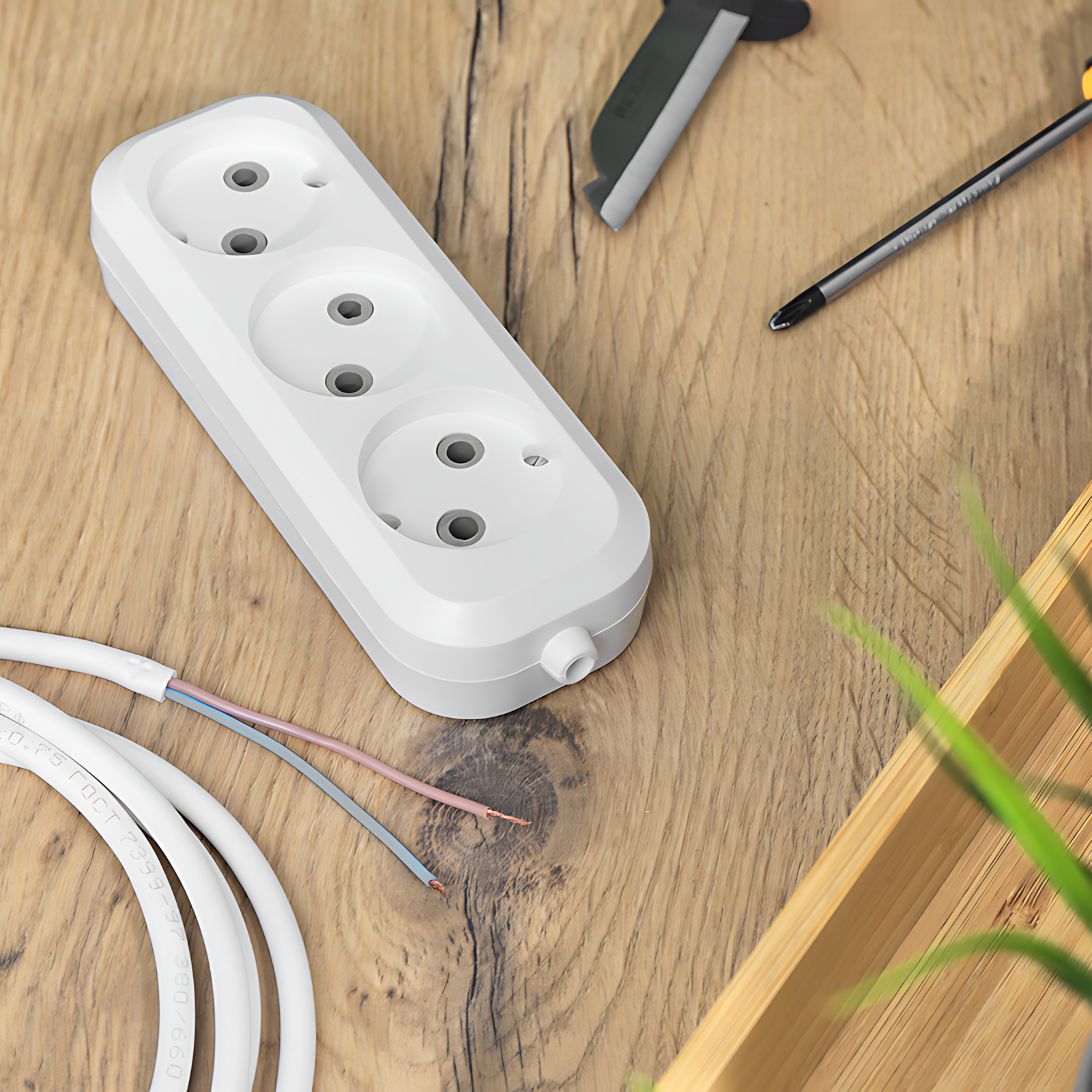 Электрическая колодка REXANT, 3 гнезда, без заземления, белая