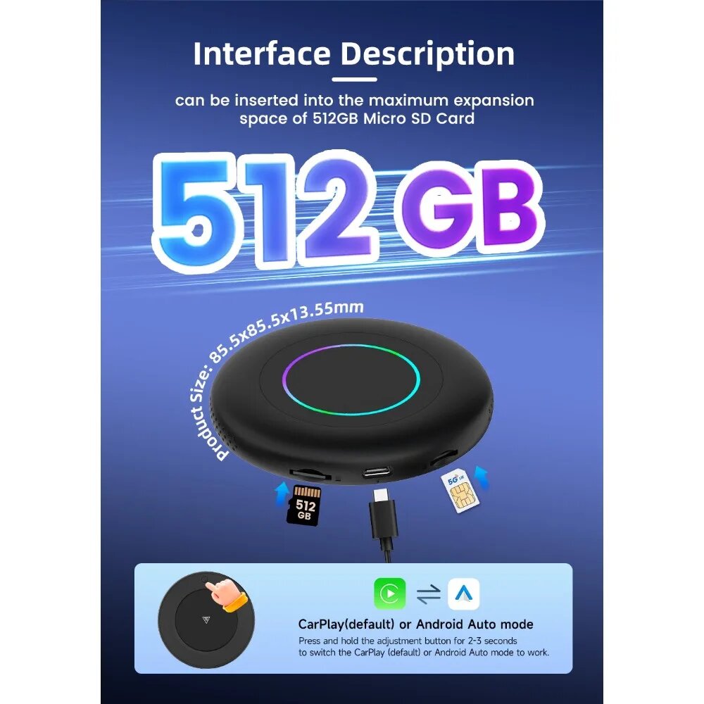 Tbox Ultra 2 5G Android 15 CarPlay Box Android Auto Беспроводной адаптер CarPlay 8 + 128 ГБ Многоязычный мини-беспроводной
