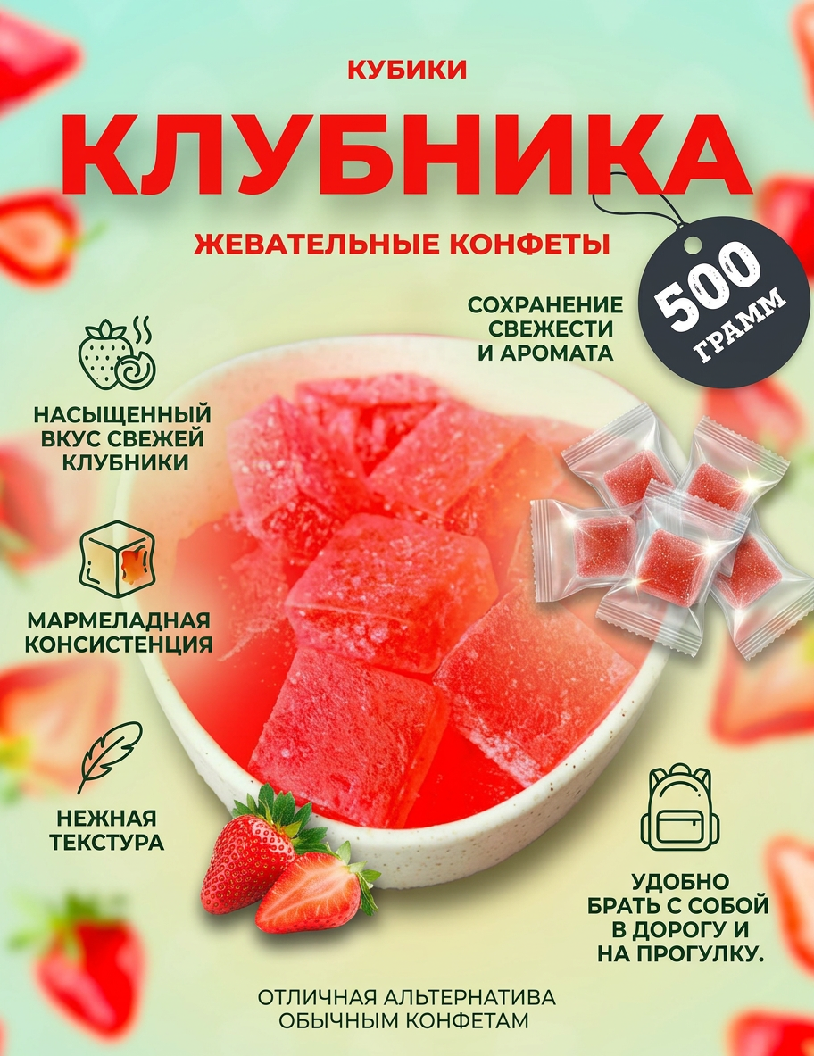 Конфеты жевательные клубника (кубики) 500 гр.