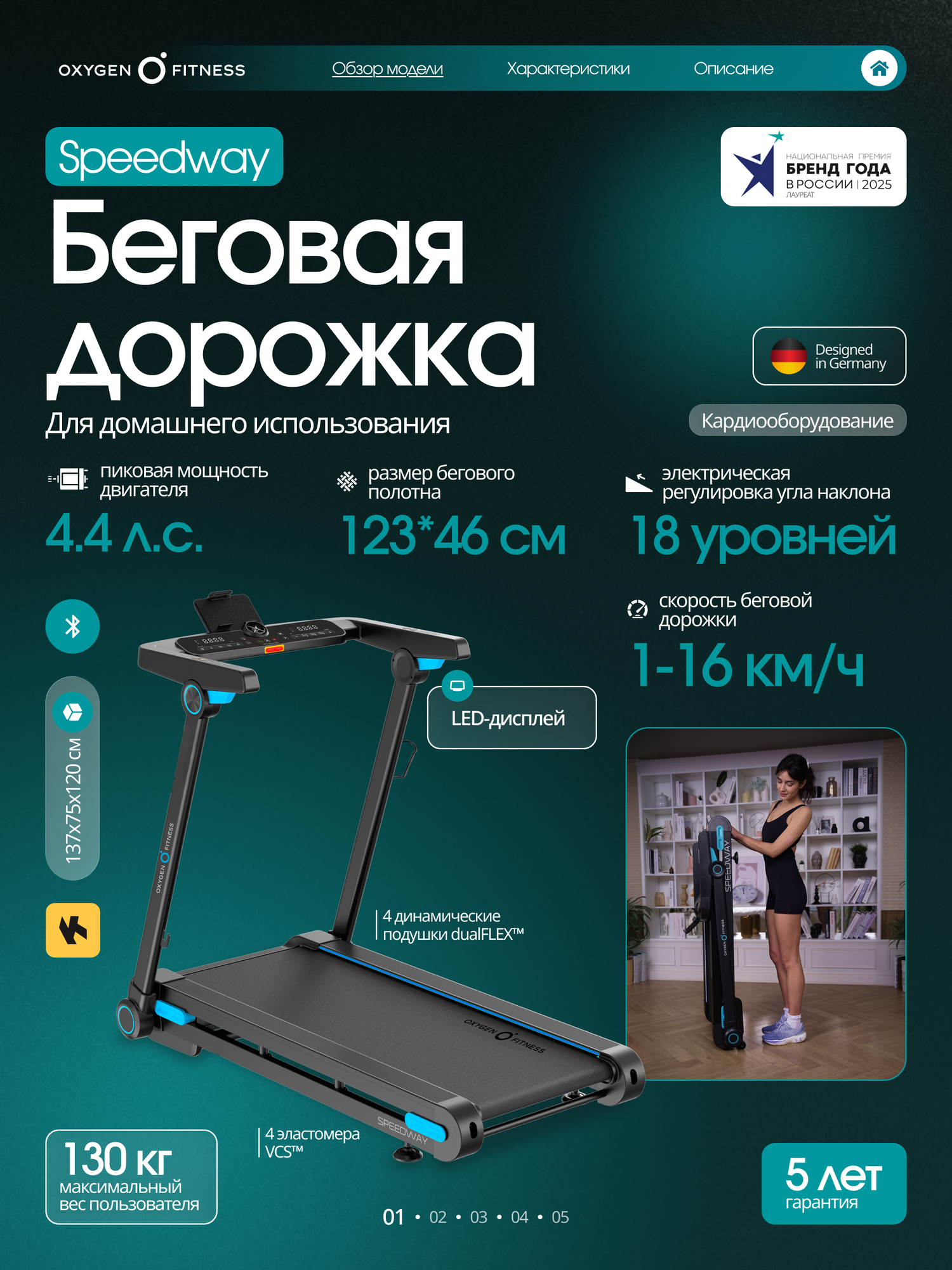 Беговая дорожка электрическая складная для дома Oxygen Fitness SPEEDWAY