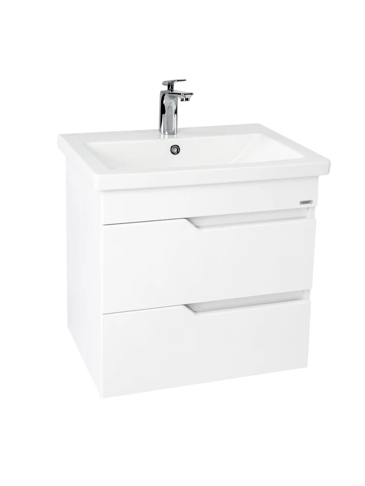 Тумба с раковиной VIANT Куба 60 подвесная, 60 см, белая, глянцевая, из МДФ, с ящиками, раковина для ванной, фарфоровая, прямоугольная, встроенный слив-перелив