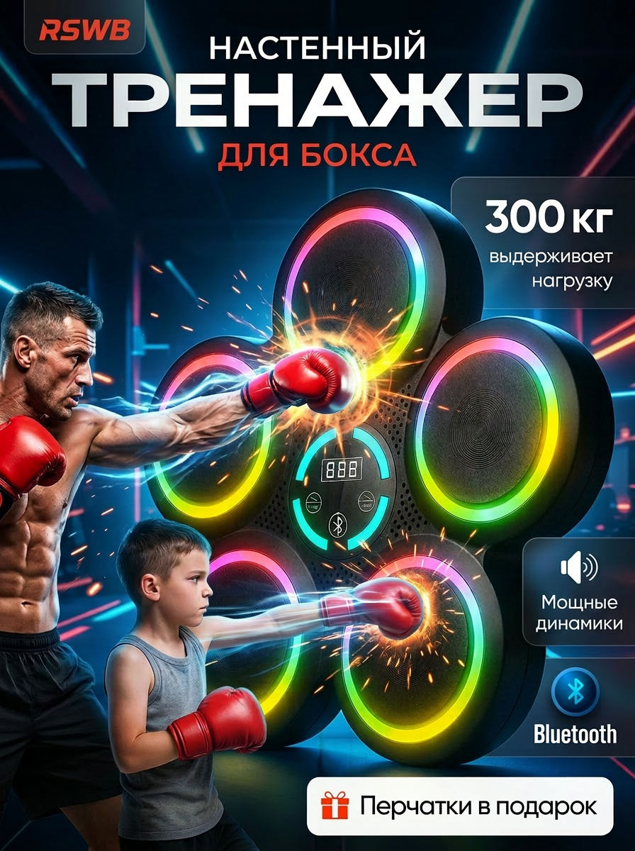 Тренажер для бокса 2 перчатками Интерактивный музыкальный тренажер с перчатками настенный, электронный