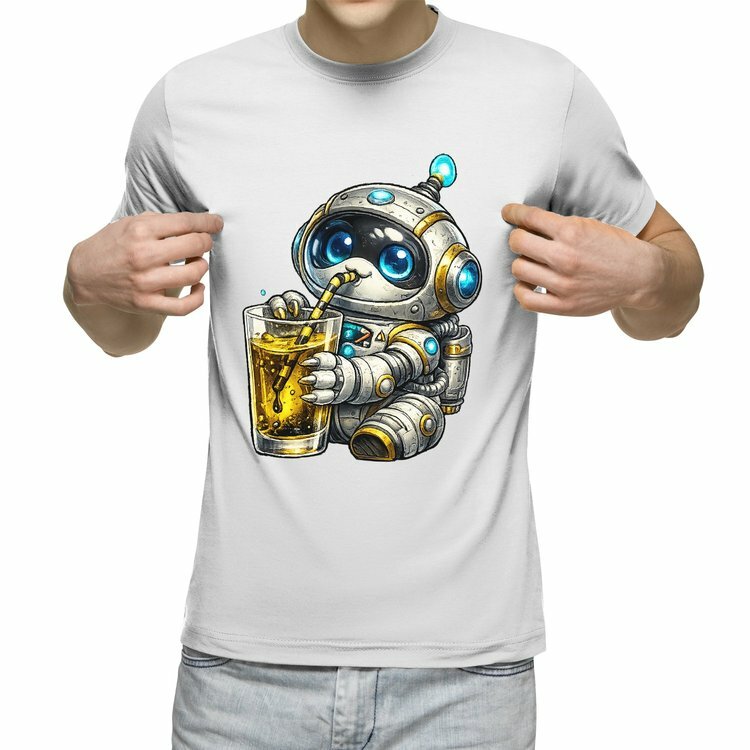 Мужская футболка «Робот пьёт масло через соломинку как коктейль» (белый, 3XL)