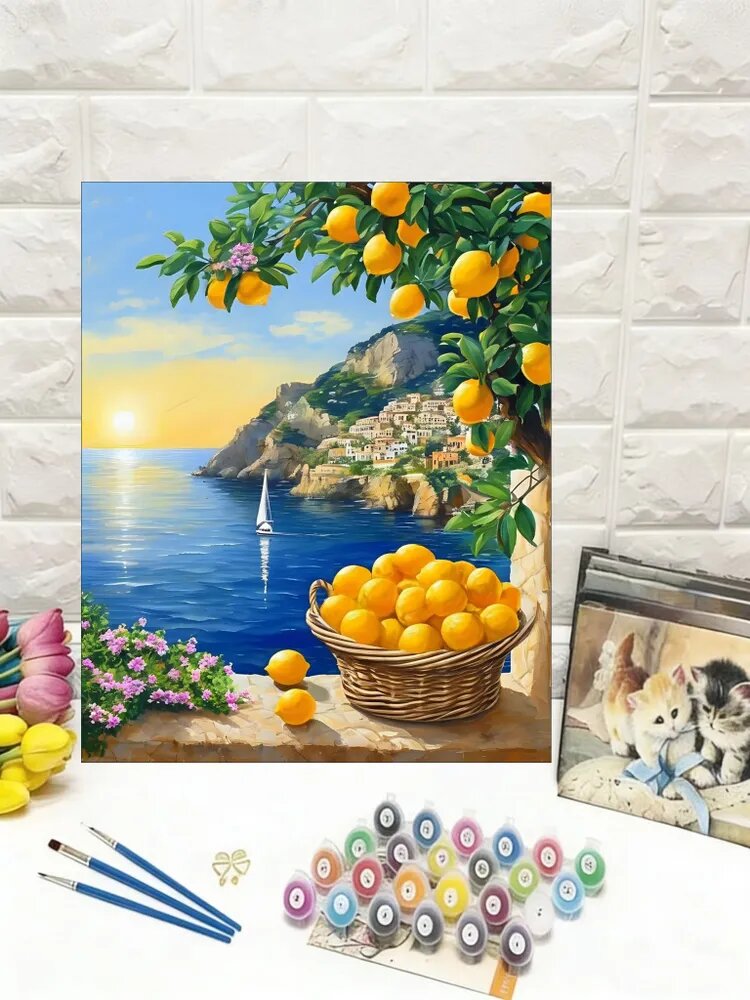 Картина по номерам "Величественный вид на море и корзина с лимонами", набор холстов 40х50 см. В комплект входят: акриловые краски, холст, 3 кисти и инструкция.