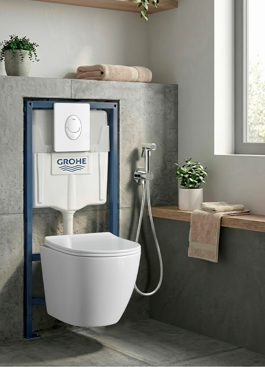 Инсталляция с унитазом и гигиеническим душем комплект: унитаз подвесной Helmken 35490101, сиденье с микролифтом из дюропласта, инсталляция Grohe, кнопка, гигиенический душ