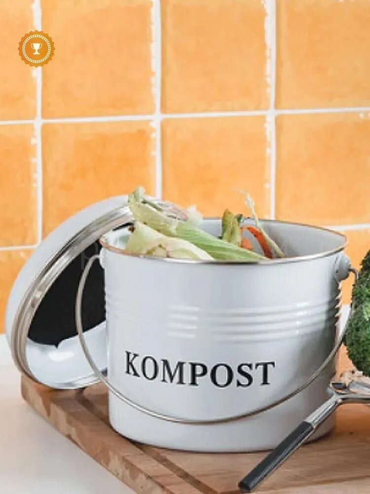 Белое металлическое ведро для компоста с крышкой и ручкой, круглое — фото 1