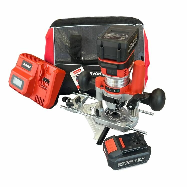 Аккумуляторный кромочный фрезер с погружной базой DEVON, 2 АКБ 4 Ач, З/У, сумка, 1329-LI-20-SET