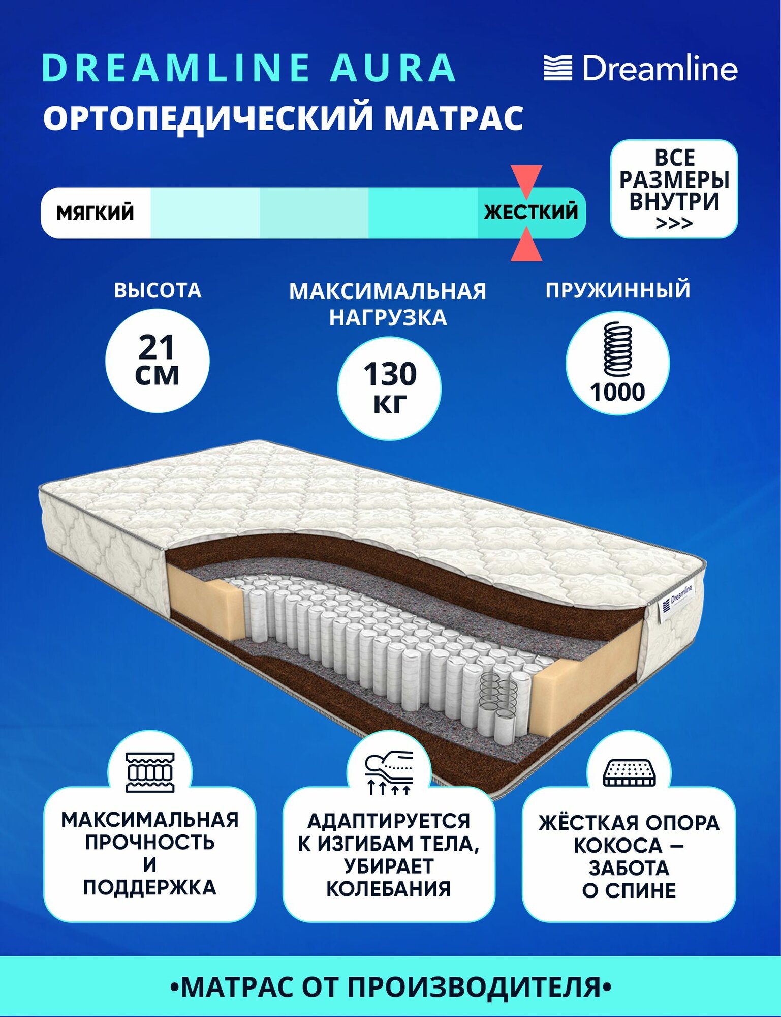 Матрас Dreamline Aura 75х200 серии Lux высота 21 см анатомический жесткий кокосовый Независимые пружины