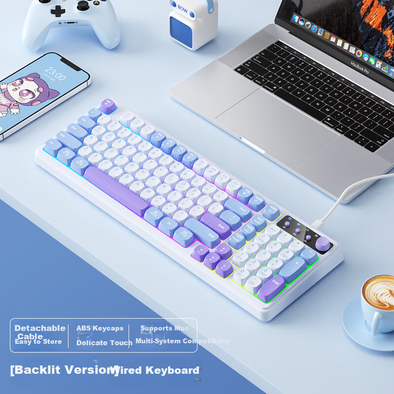 Клавиатура B.O.W K520BU с механическими клавишами и подсветкой для игр и офиса - дизайн мороженого морской соли и