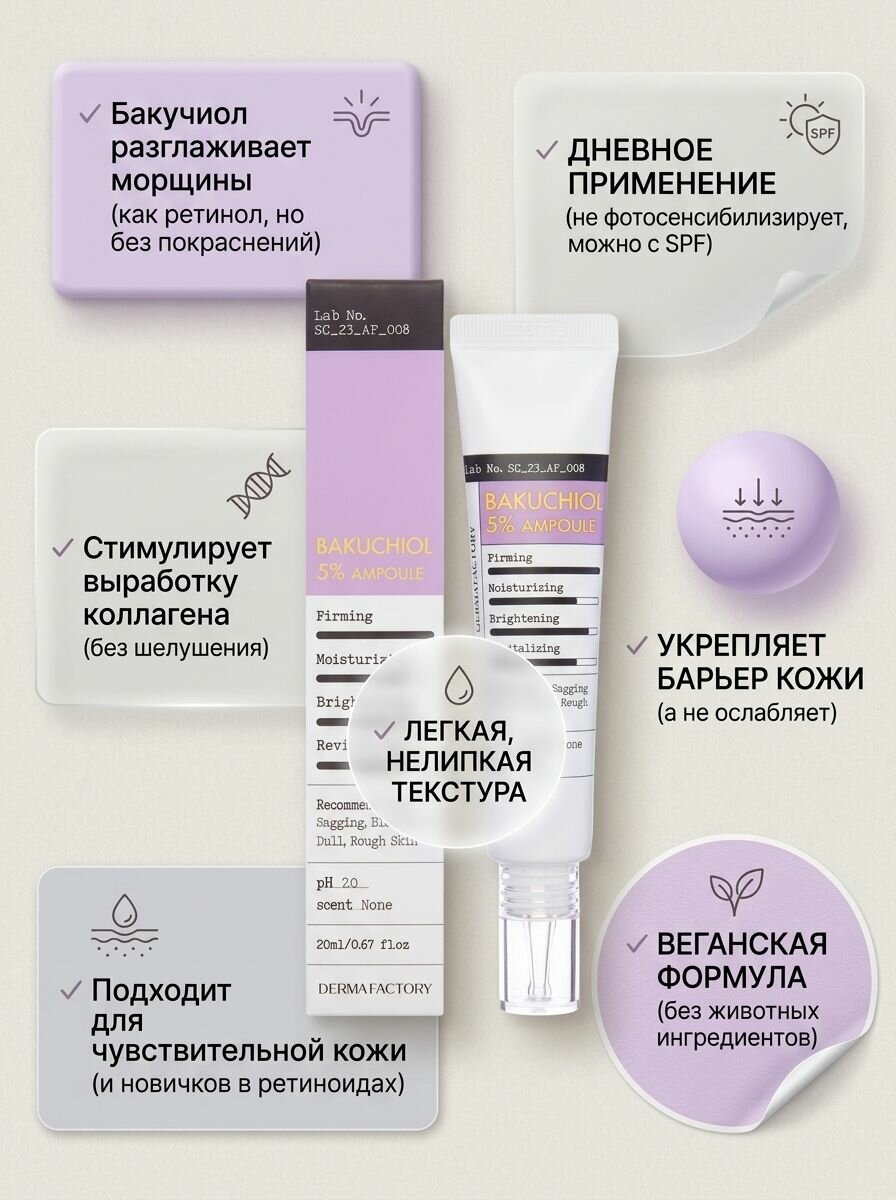 DERMA FACTORY Bakuchiol 5% Ampoule Антивозрастная сыворотка для лица с бакучиолом 20мл