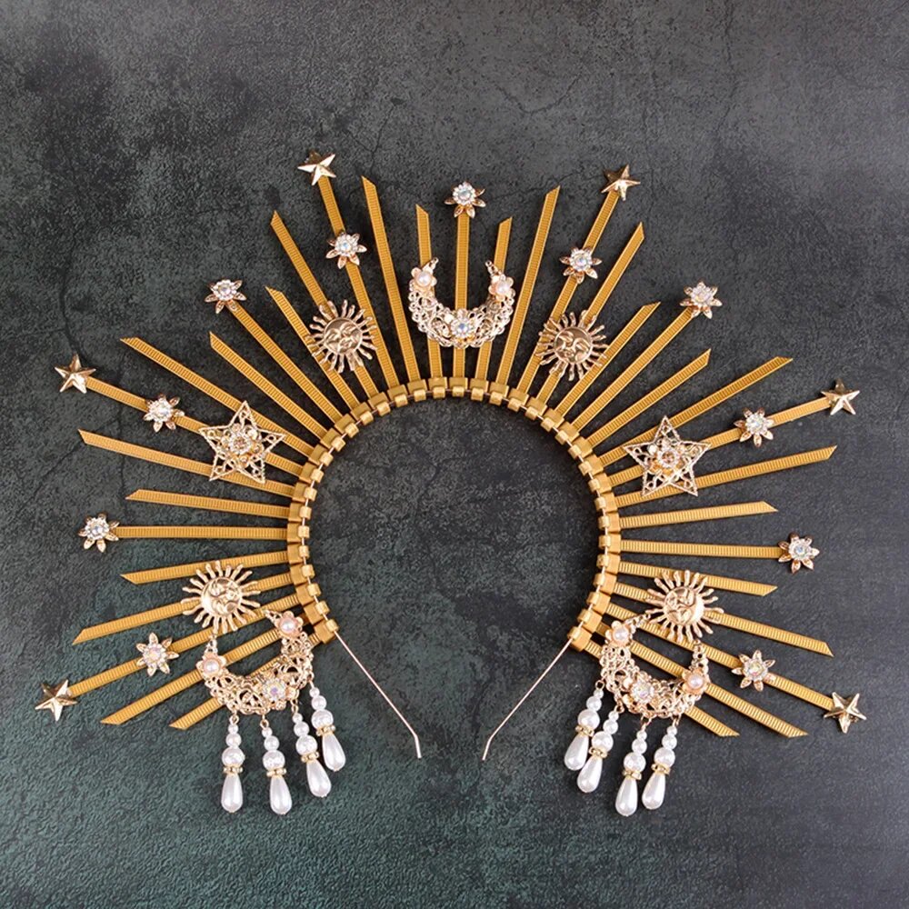 Sunburst Spike Sun Crown-Moon Star Греческая богиня Золотая повязка на голову с ореолом и кисточкой, головной убор Ангела Королевы Девы Марии для женщин