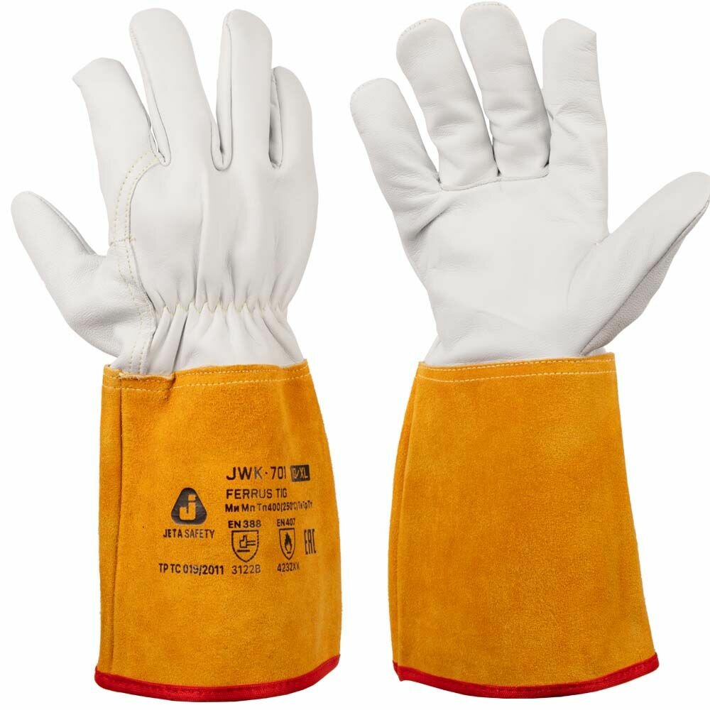 JWK-701 Ferrus TIG Перчатки защитные Jeta Safety из натуральной кожи, с крагой из спилковой кожи