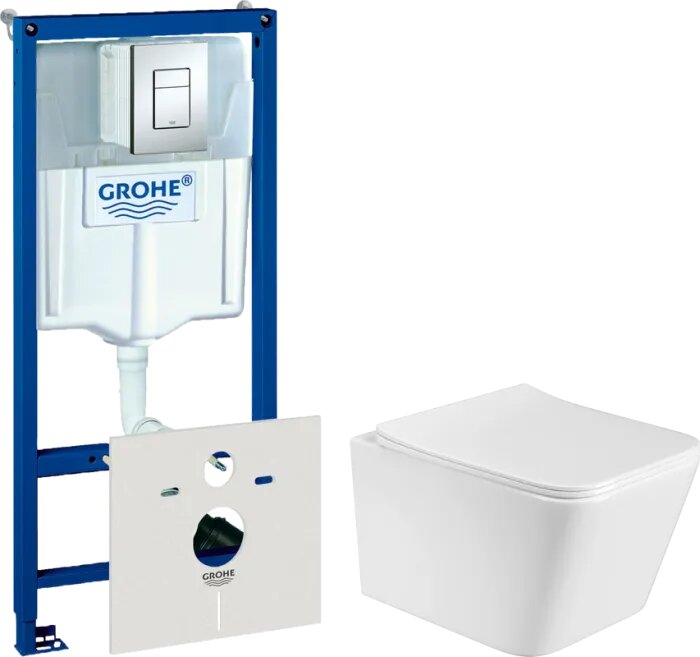 Комплект Унитаз подвесной BOND Cube F04-10 безободковый, с микролифтом, белый + Система инсталляции для унитазов Grohe Rapid SL 38772001, 3 в 1 с кно