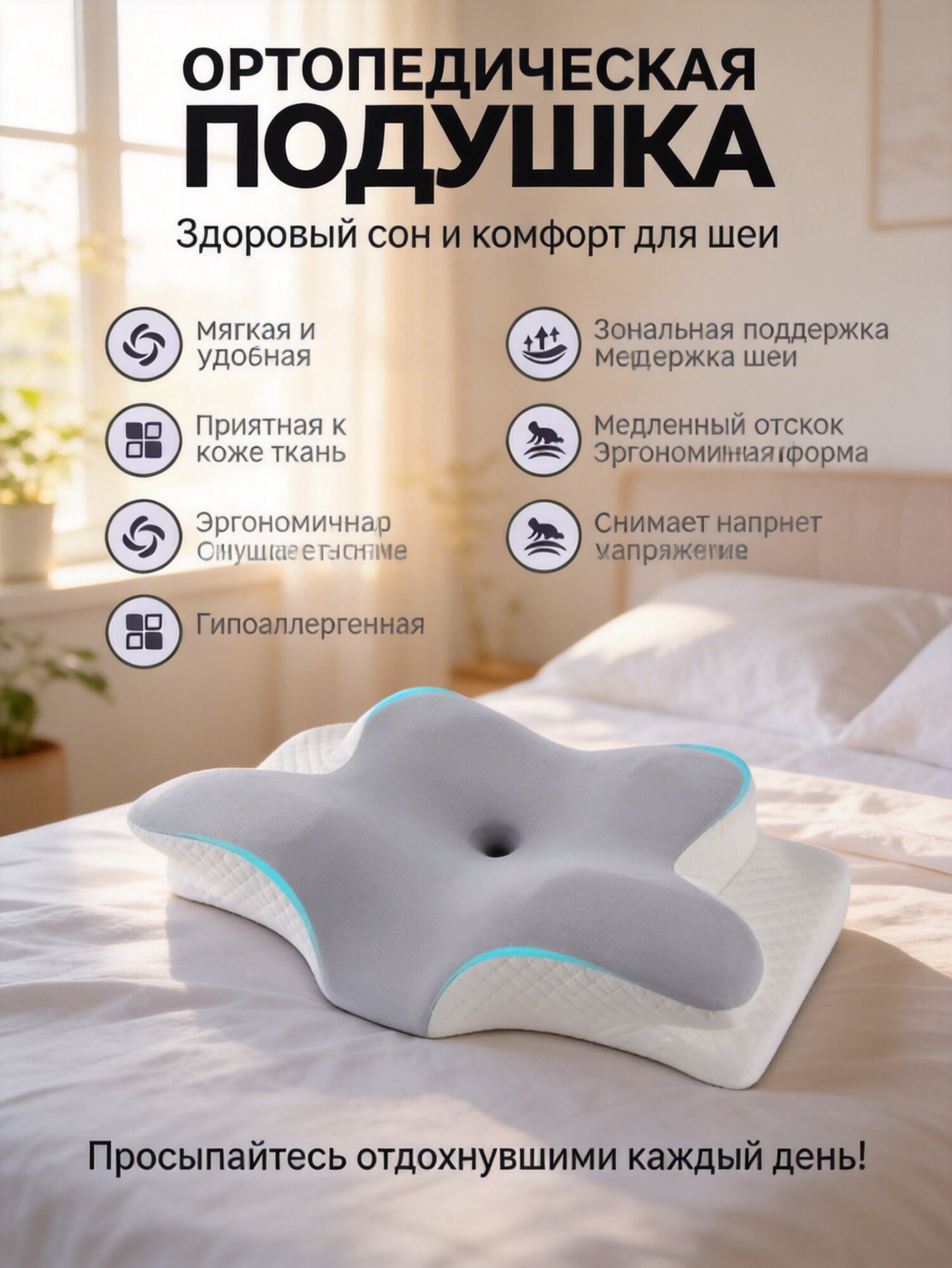 Подушка ортопедическая, 42 см x 62 см, высота 13см, гипоаллергенный чехол, эффект памяти