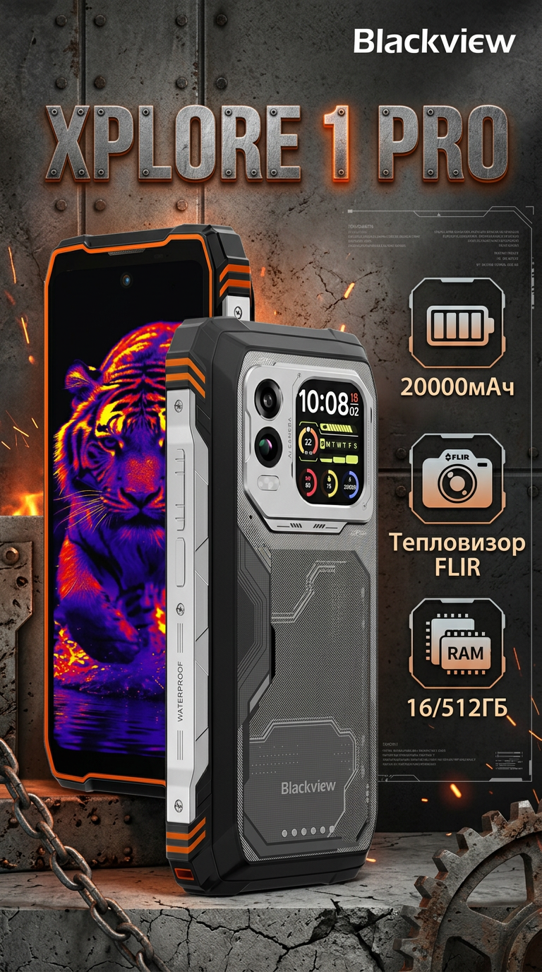 Защищенный смартфон Blackview XPLORE 1 Pro 16/512Гб Orange, 20000мАч, Тепловизор, Фонарь, Два экрана,120Гц, Гарантия год