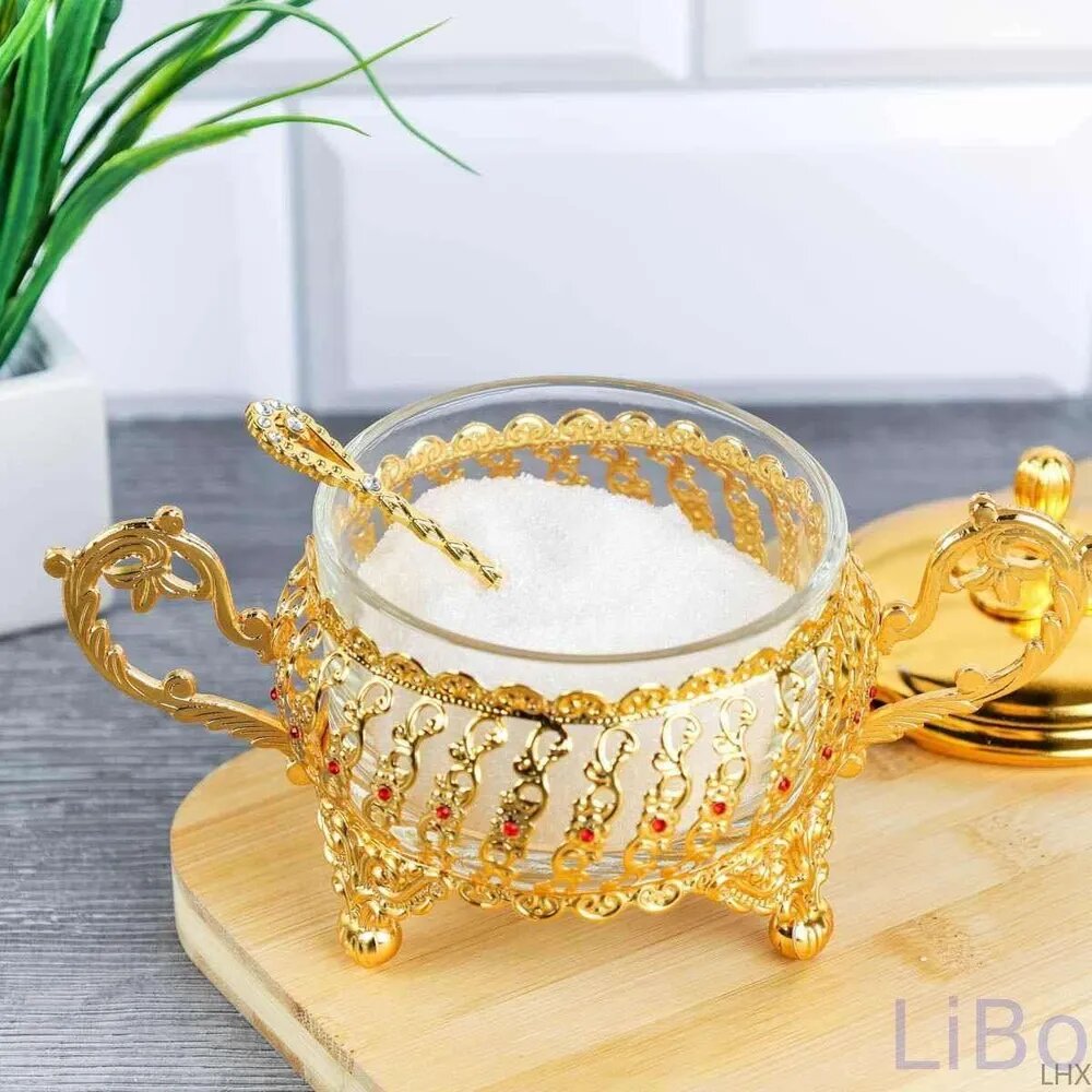 Сахарница Винтаж с крышкой и ложкой, 1 шт, 200 мл, Золотистая, Нержавеющая сталь, Стекло — фото 1