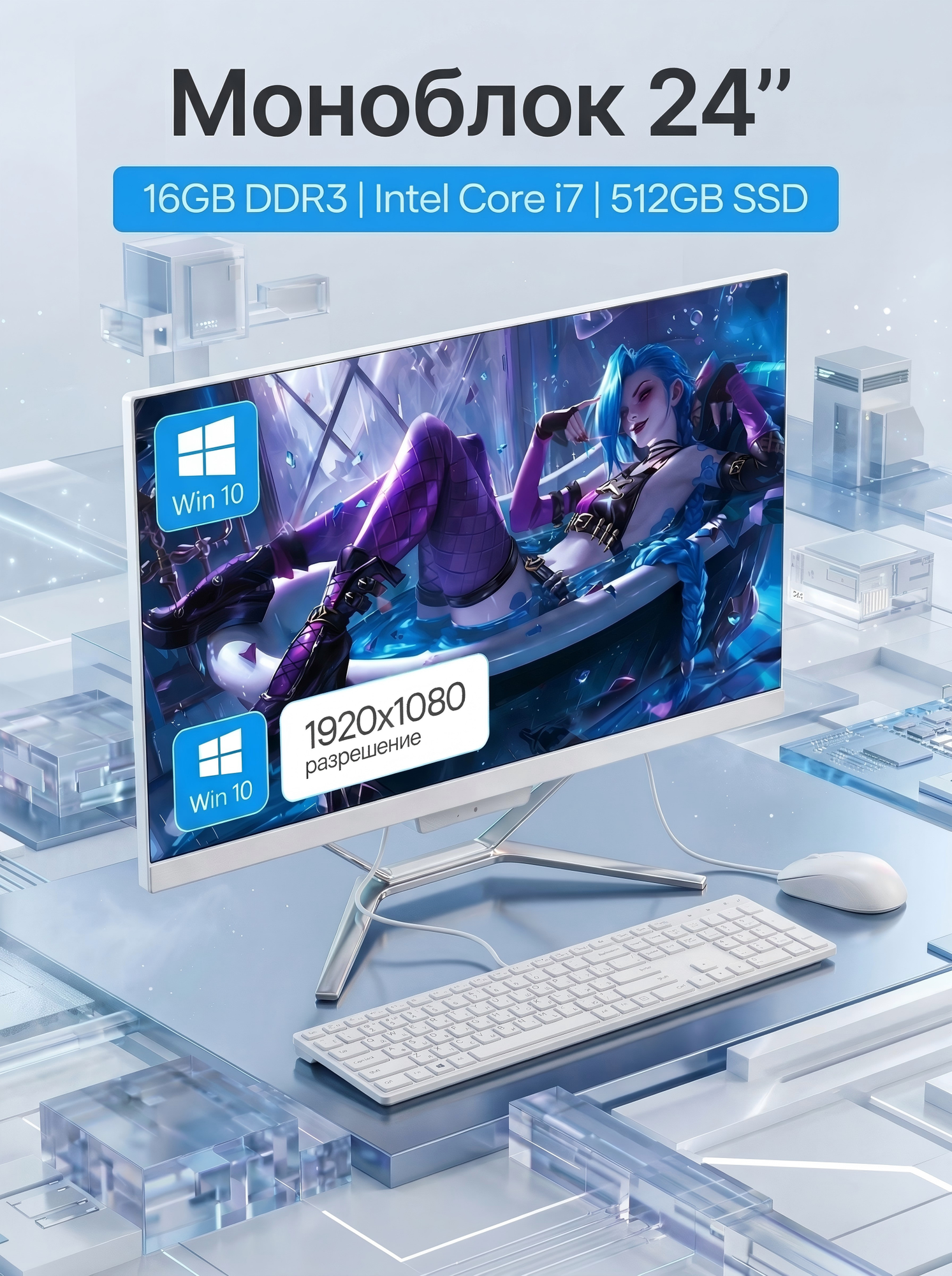 Моноблок 24", Intel Core i7 4790, Windows 10 pro, SSD 512ГБ, RAM 16ГБ, Wi-Fi/Bluetooth, белый , Русская раскладка
