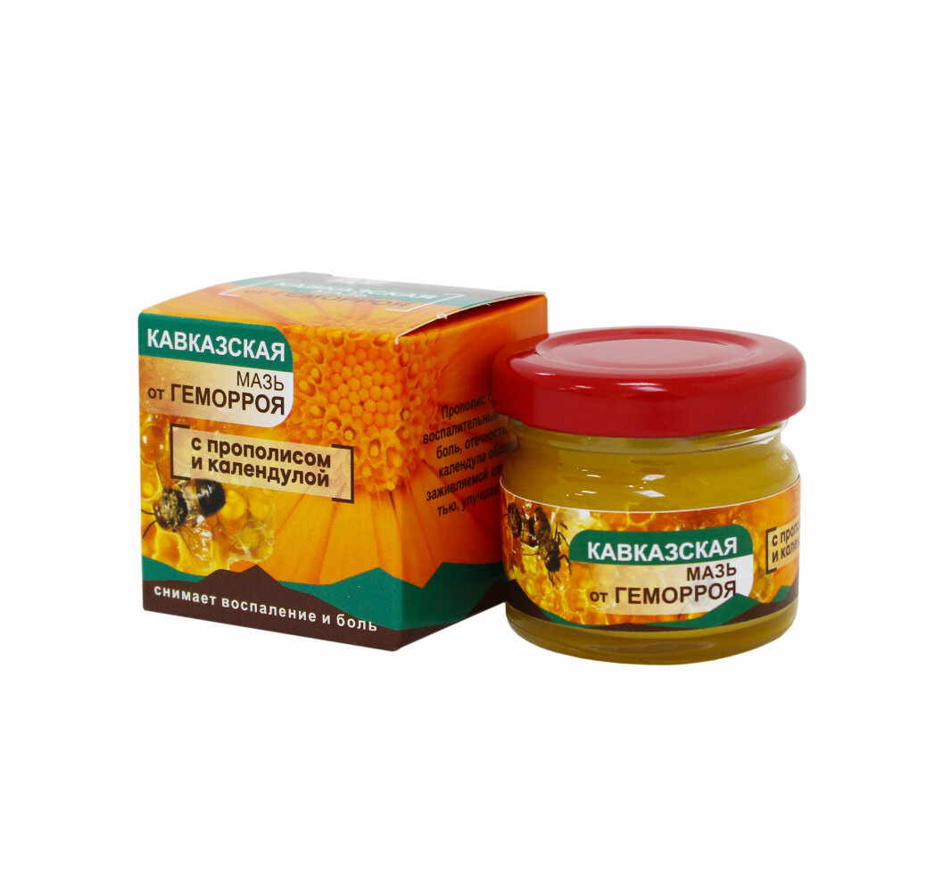 Мазь от геморроя Кавказская, на основе календулы и прополиса, стекло, 28 мл, "Бизорюк"